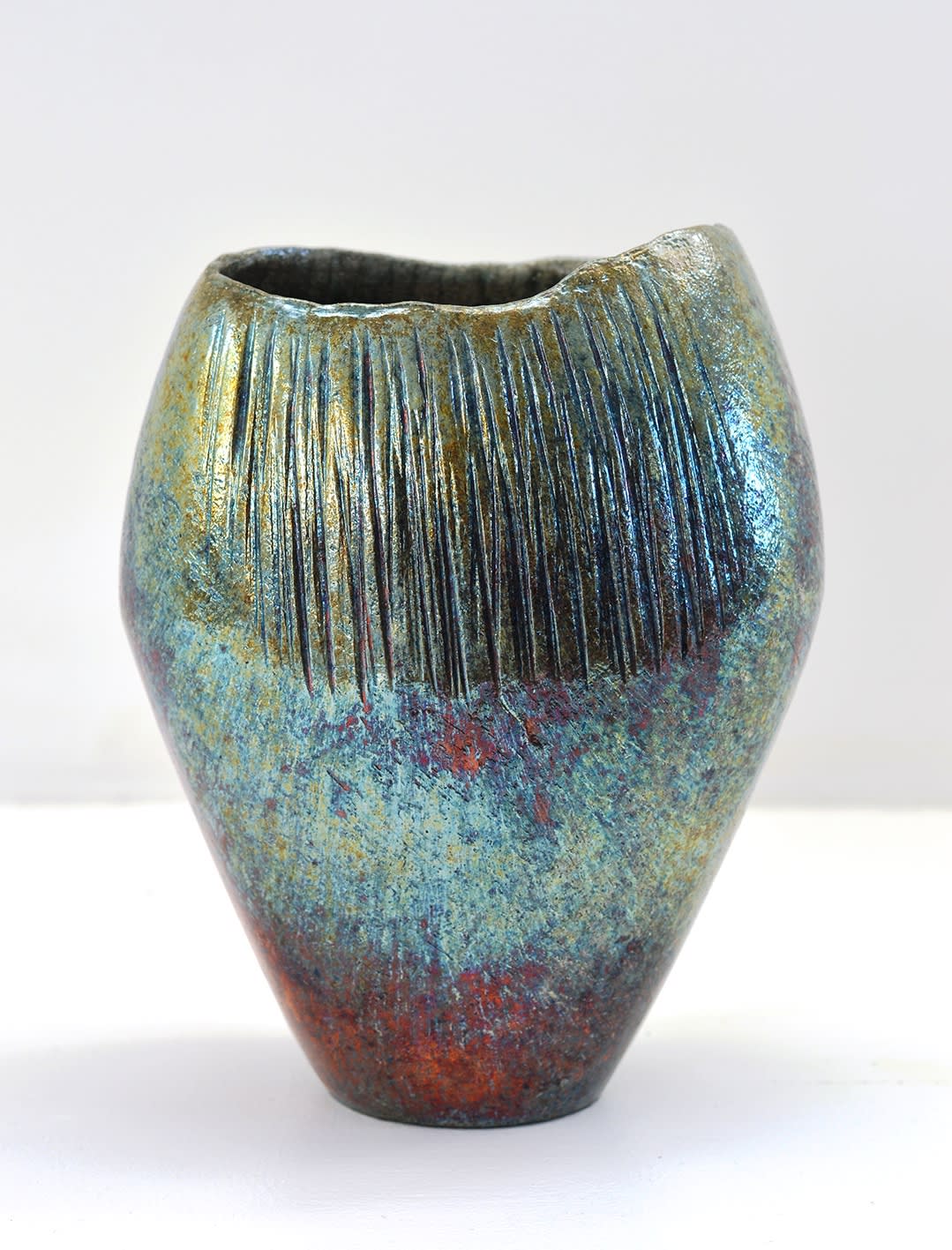 Vessel Pottery Slender Grey/blue Vessel With Narrow Neck Peter Beard