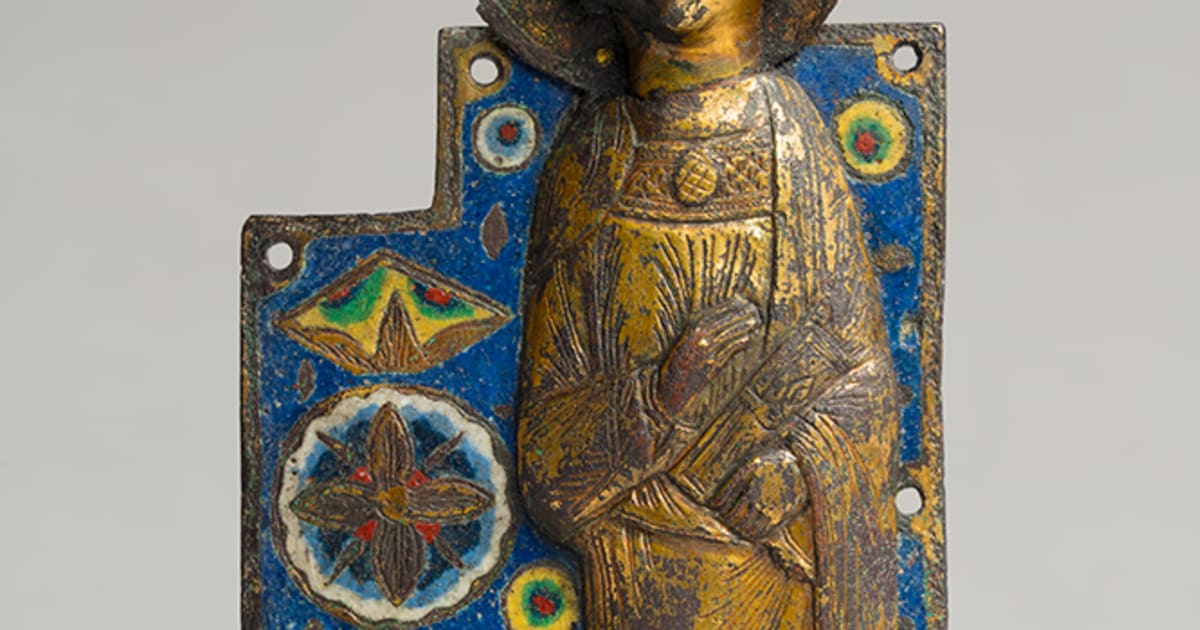 An enamelled cross terminal with the figure of Saint John, c. 1200 ...