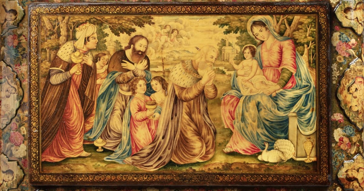 A Fine Qajar Lacquered Papier-Mâché casket with Adoration of the Magi ...