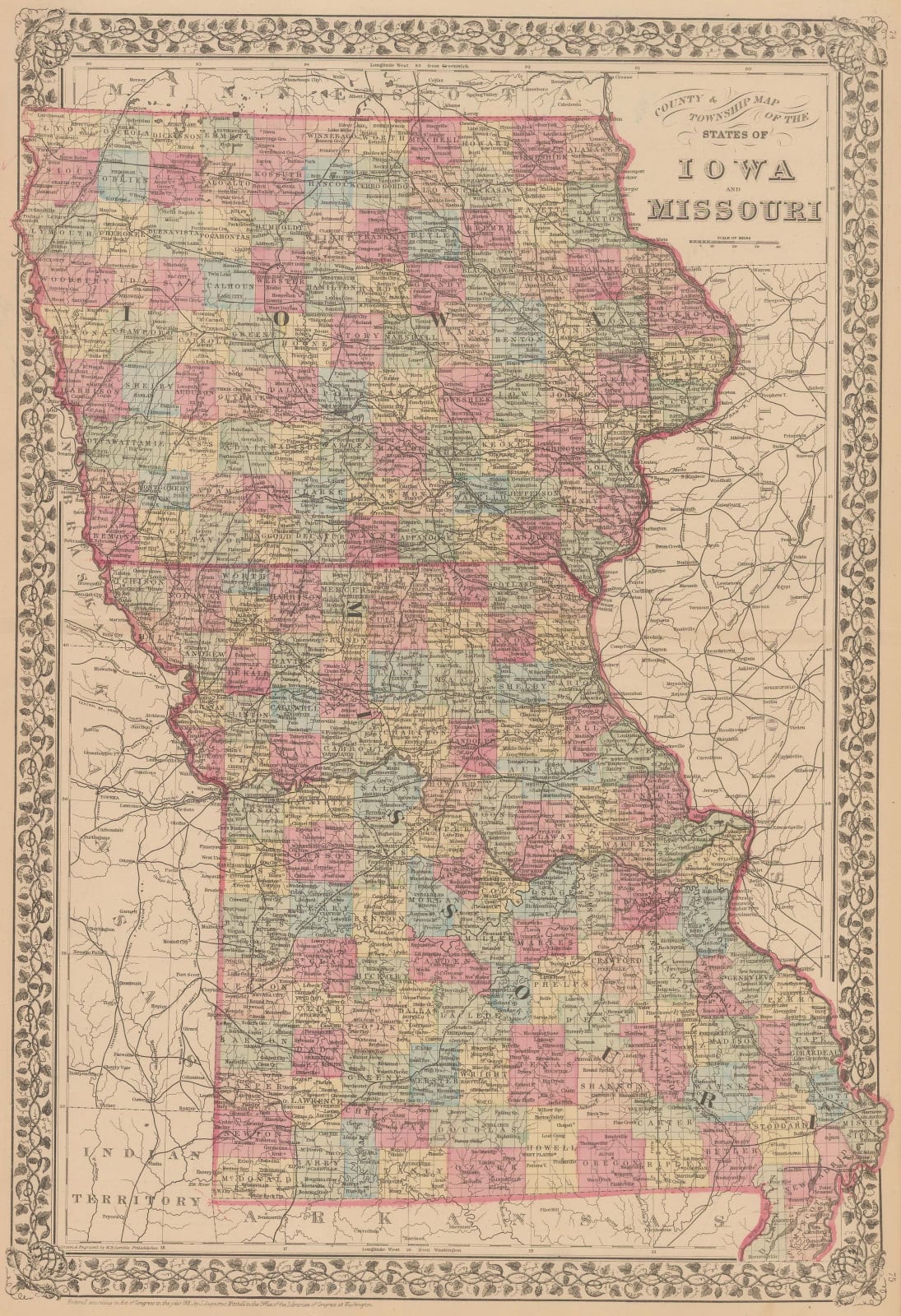 Samuel Augustus Mitchell County And Township Map Of The States Of Iowa And Missouri 1882 The