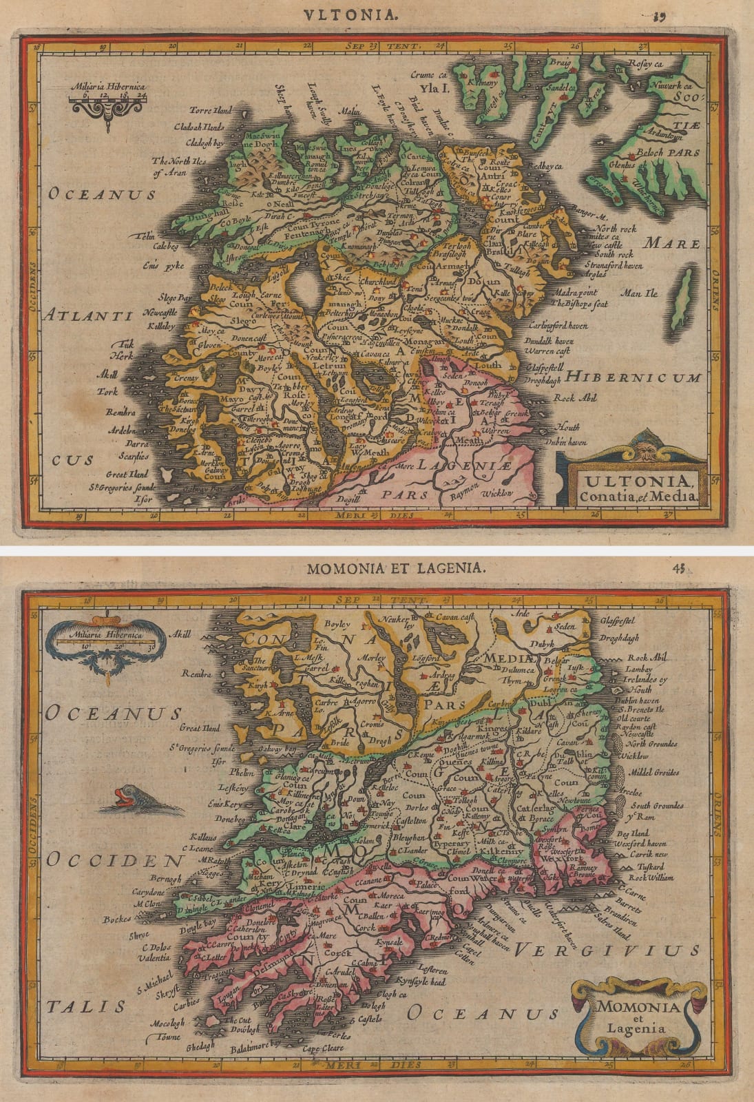 Mercator Hondius, Ultonia, Conatia et Media / Momonia et Lagenia, 1628 ...