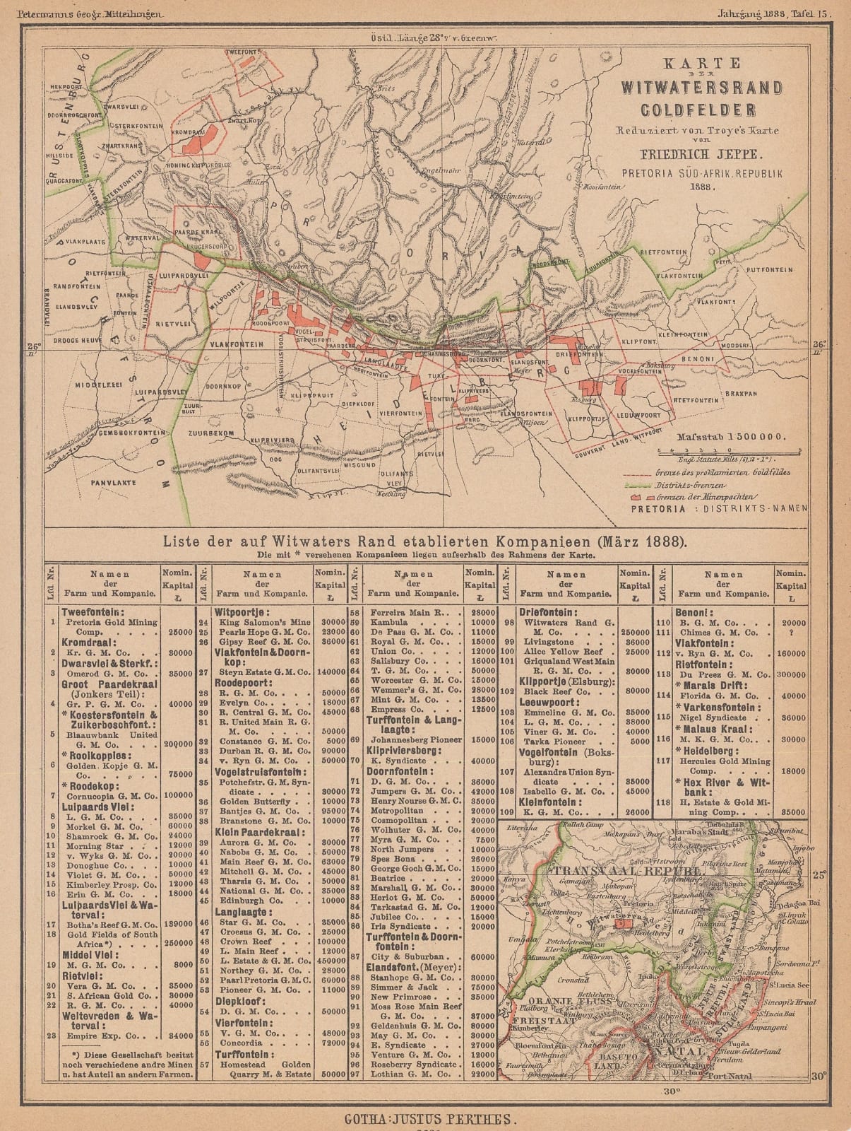 Justus Perthes, Witwatersrand goldfields, 1888 | The Map House