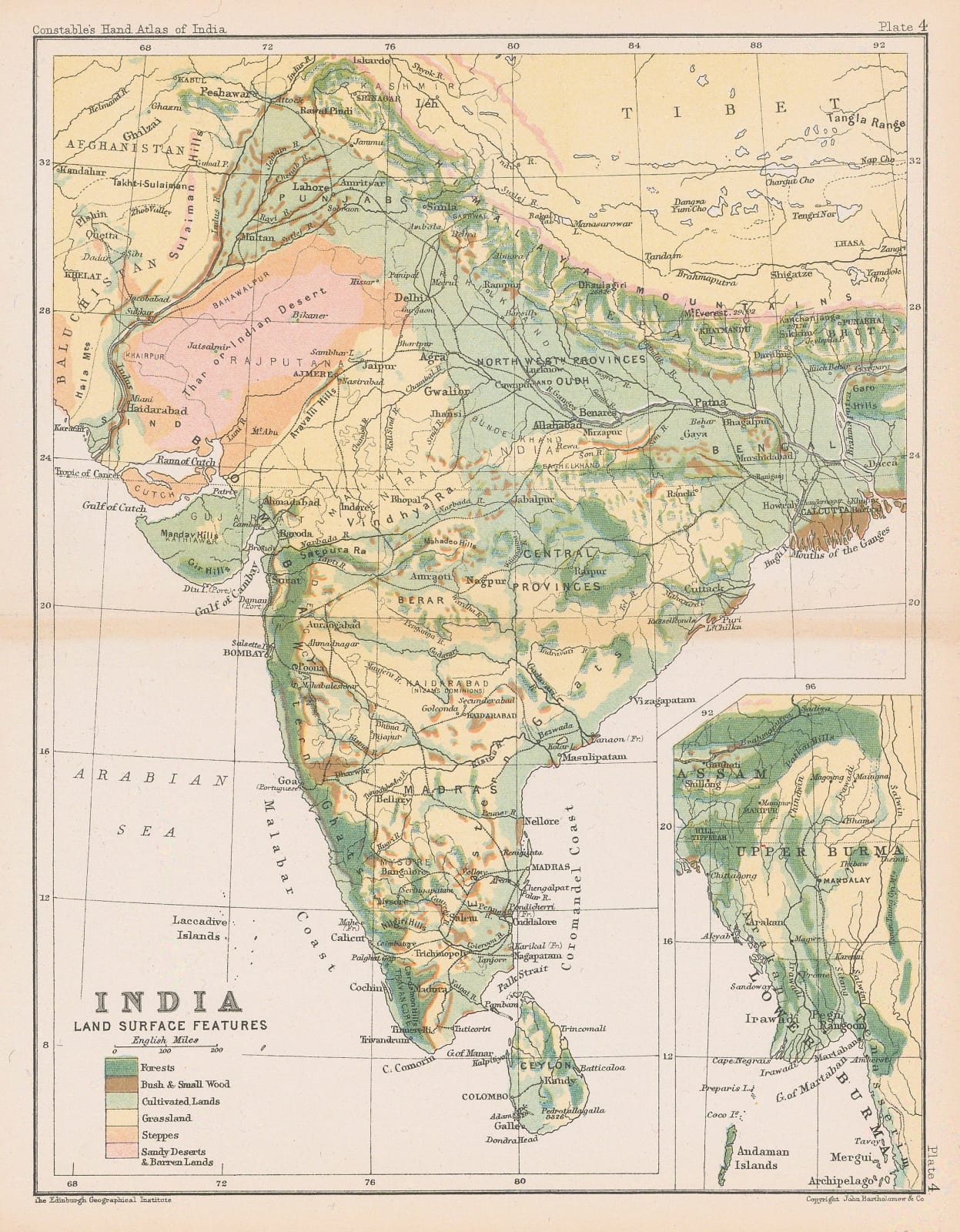 G. & J. Bartholomew, India: Land Surface Features, 1893 | The Map House