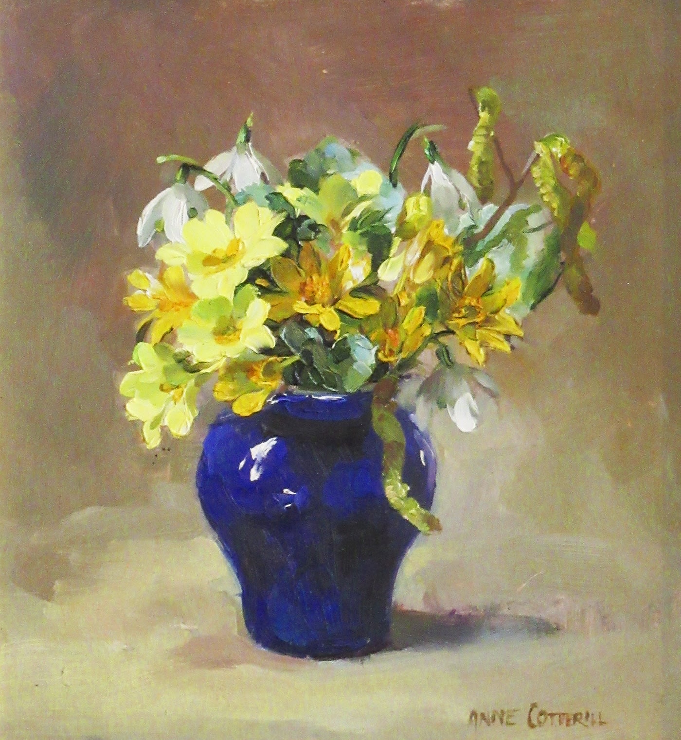Anne Cotterill, Primrose, Snowdrops and Catkins in a Blue Vase ...