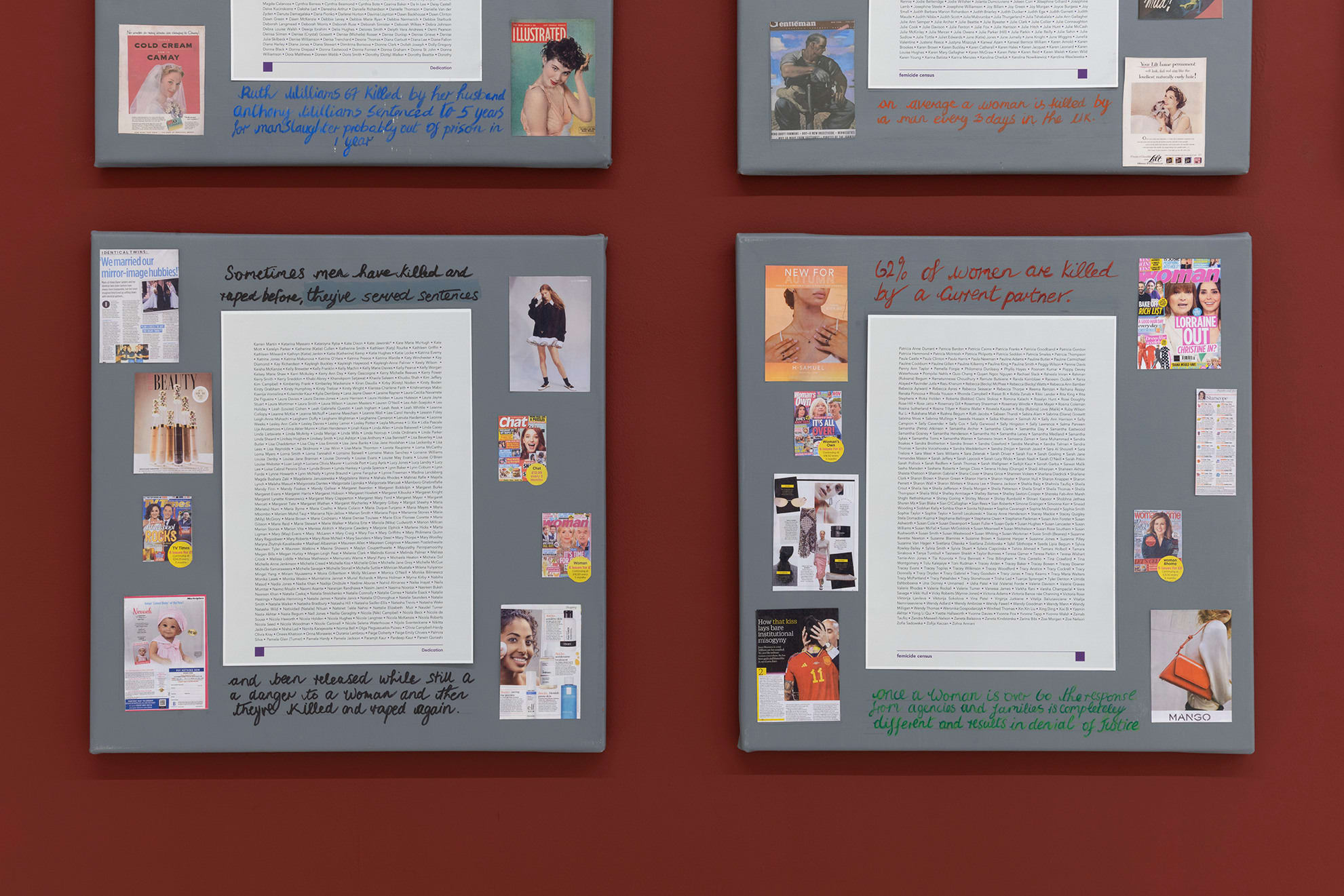 Margaret Harrison, Counting Dead Women. Panels, 2023 | ADN Galeria