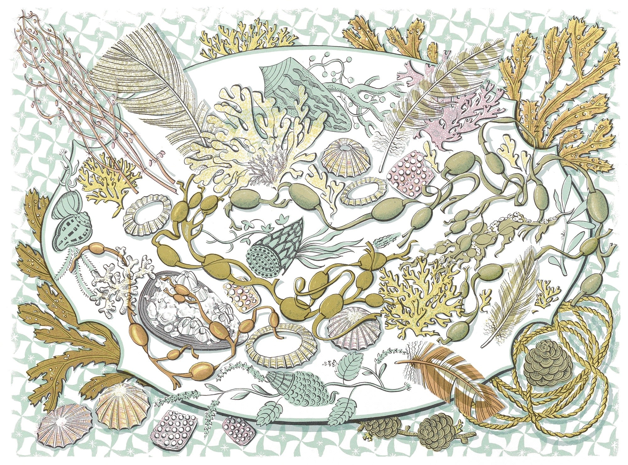 Angie Lewin RWS RE, Shell, Seaweed and Feather | Bankside Gallery