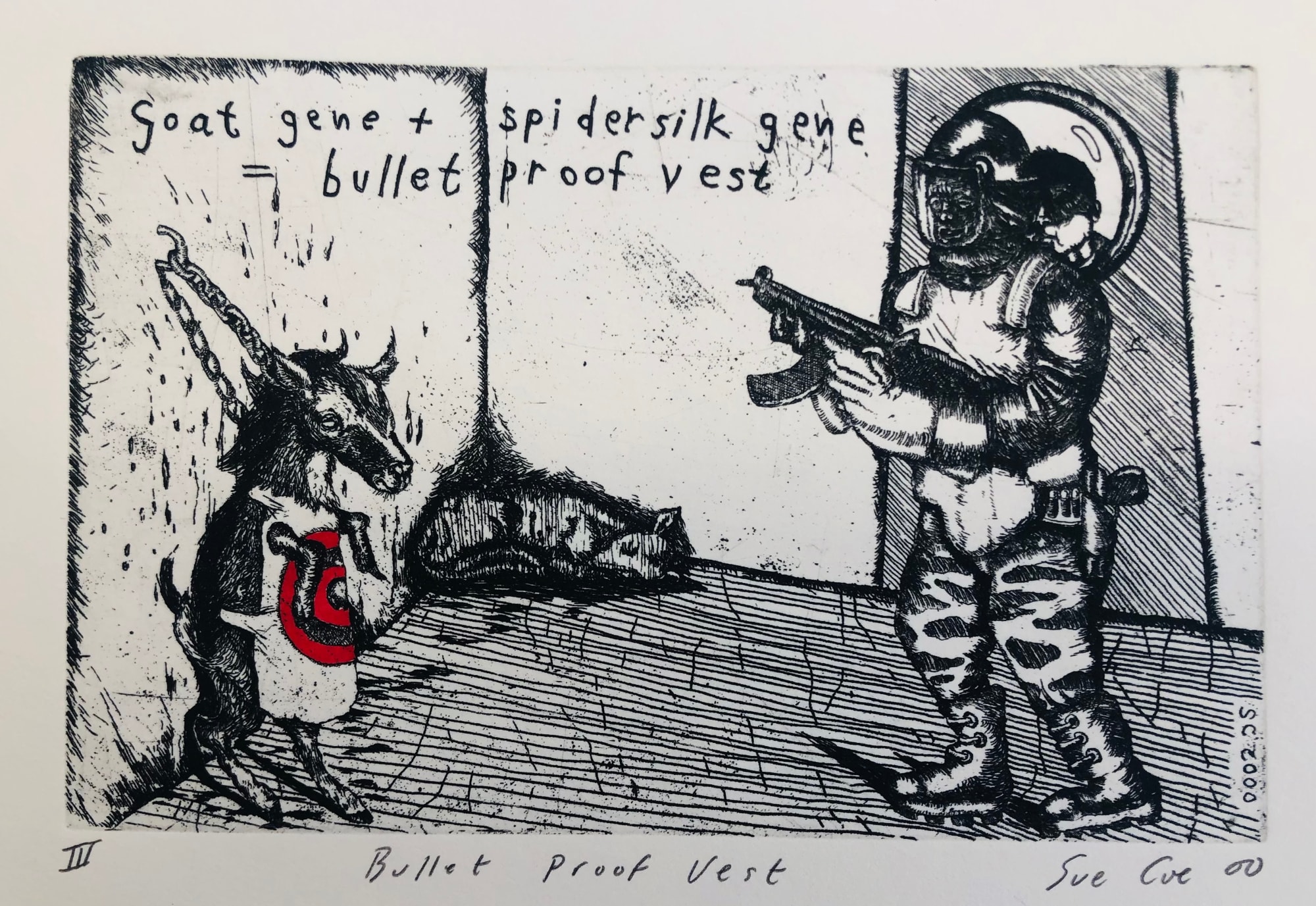 Sue Coe, Spider Silk Gene/Bullet Proof Vest, 2000 | www.suecoe.com