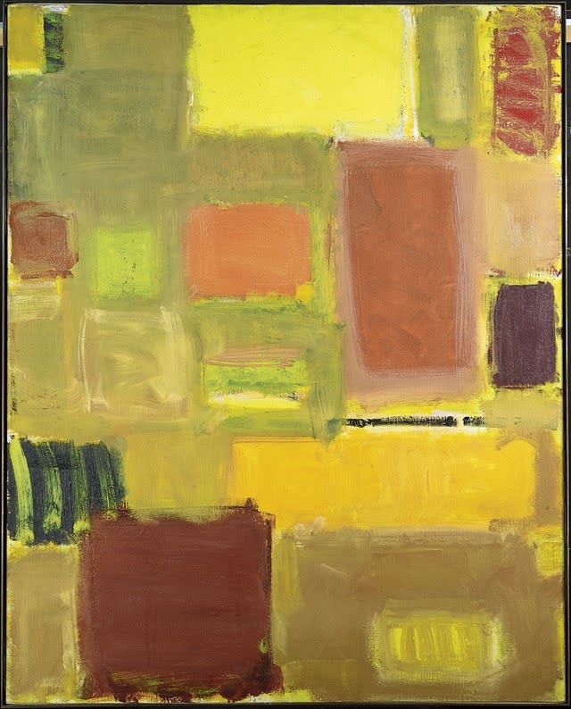 Patrick Heron, Yellow painting with orange and brown-ochre squares ...
