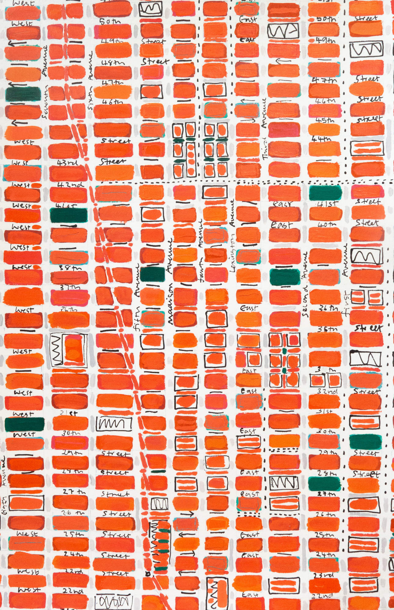 Barbara Macfarlane, Midtown Reds, 2024 | Rebecca Hossack Art Gallery