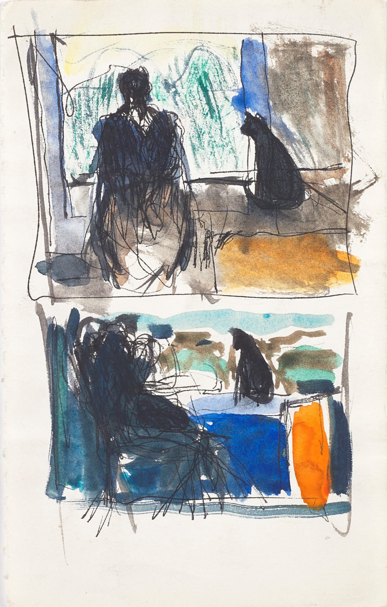 John Houston RSA, Untitled (Diptych - Seated Figure with Cat, Study in ...