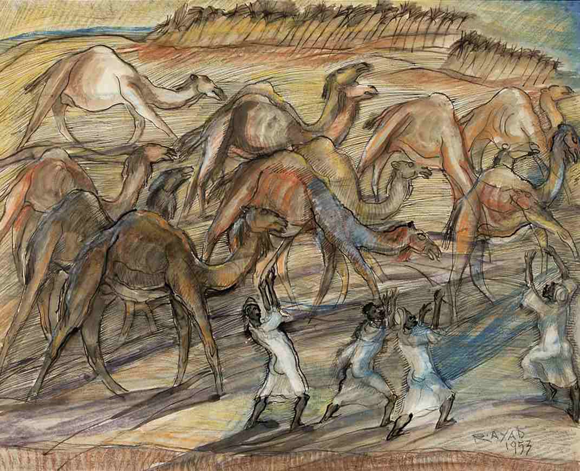 Ragheb Ayad, Camels in a Sandstorm, 1953 | Safarkhan Art Gallery