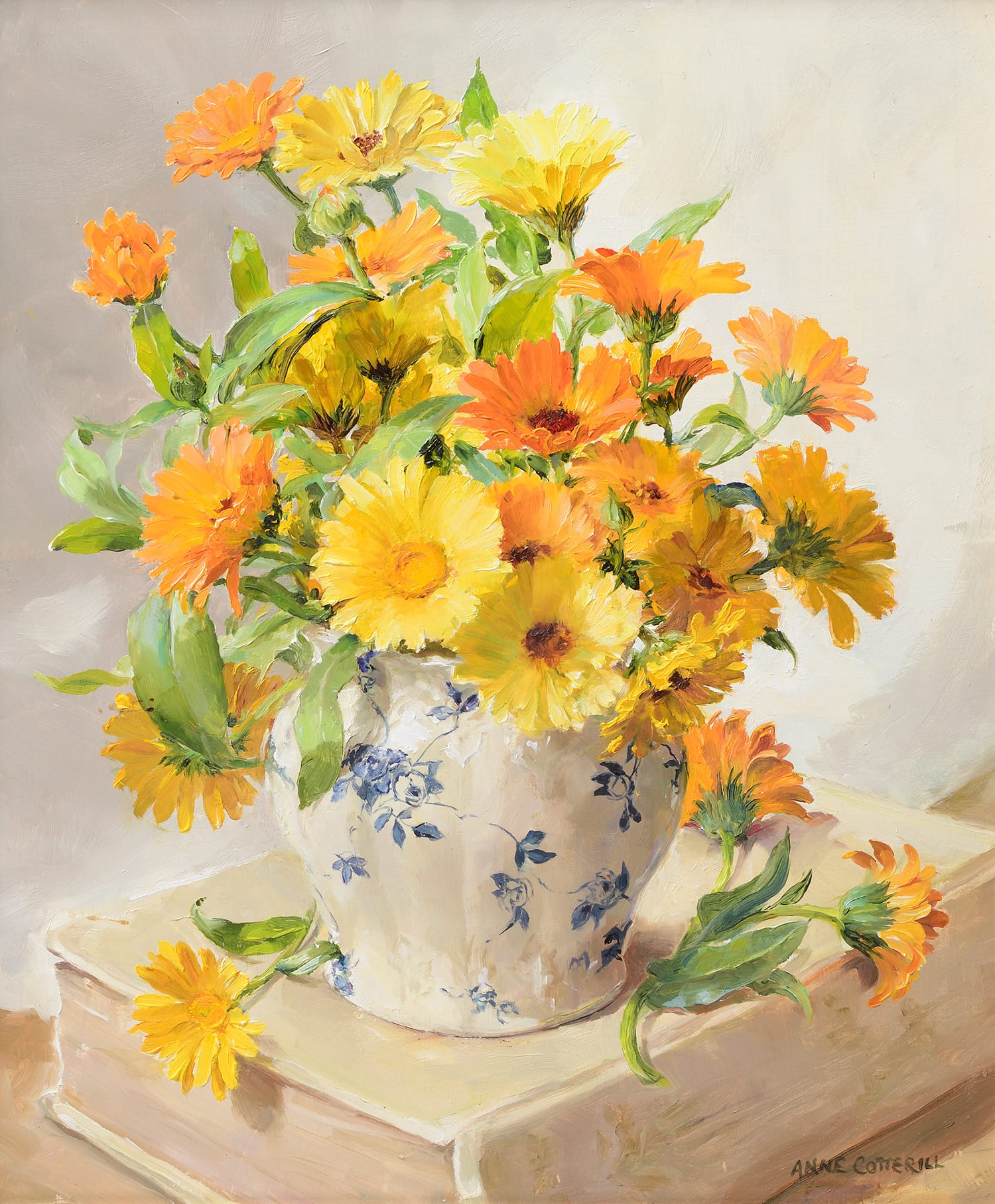 Anne Cotterill, Marigolds in Blue and White Vase | Thompson's Gallery