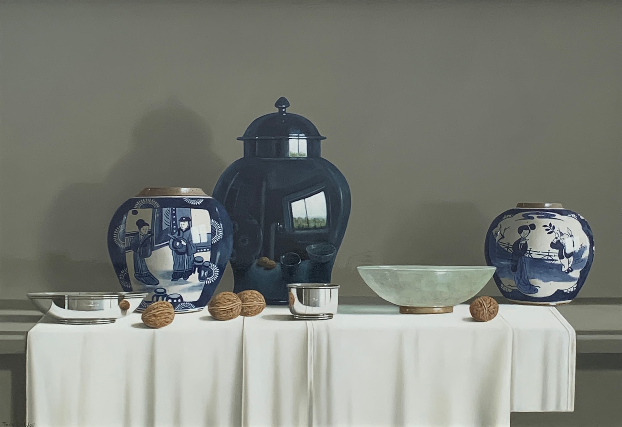 Tony de Wolf, Blue and Chinese Jars, Silver, Walnuts | Still life ...