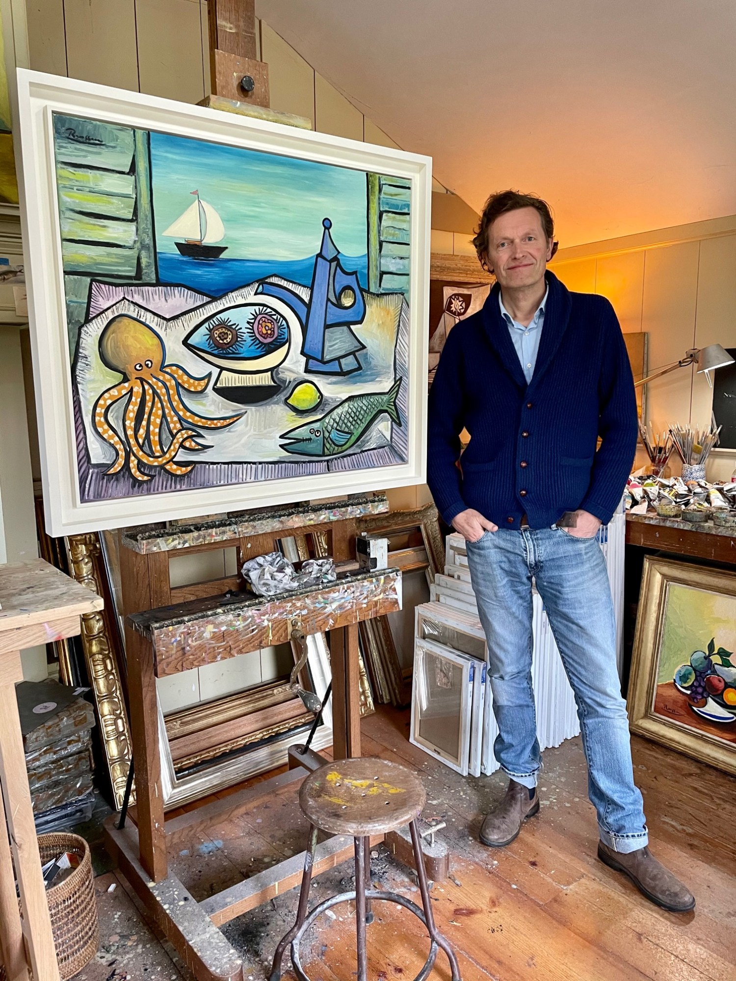 Erik Renssen, Still life with octopus, urchins, fish and coffee pot ...