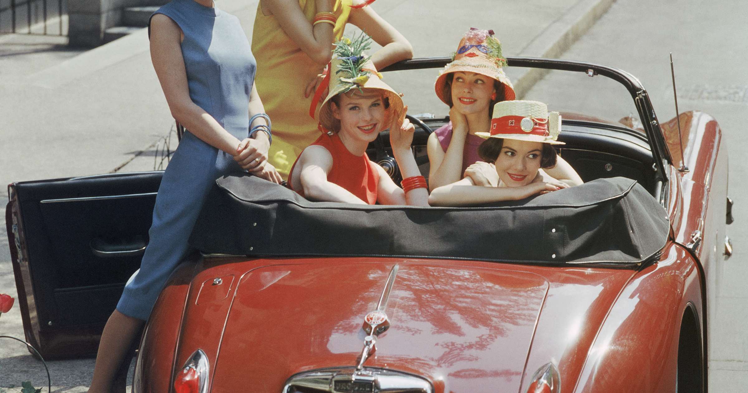 Mark Shaw, Beach Hat Models in Red Jaguar, 1959 | Jackson Fine Art