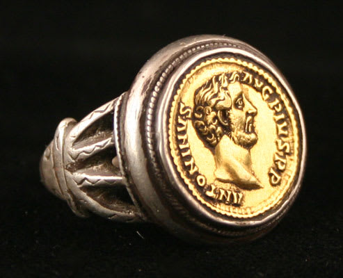 Classical Revival Silver Ring Featuring a Gold Coin of Emperor ...