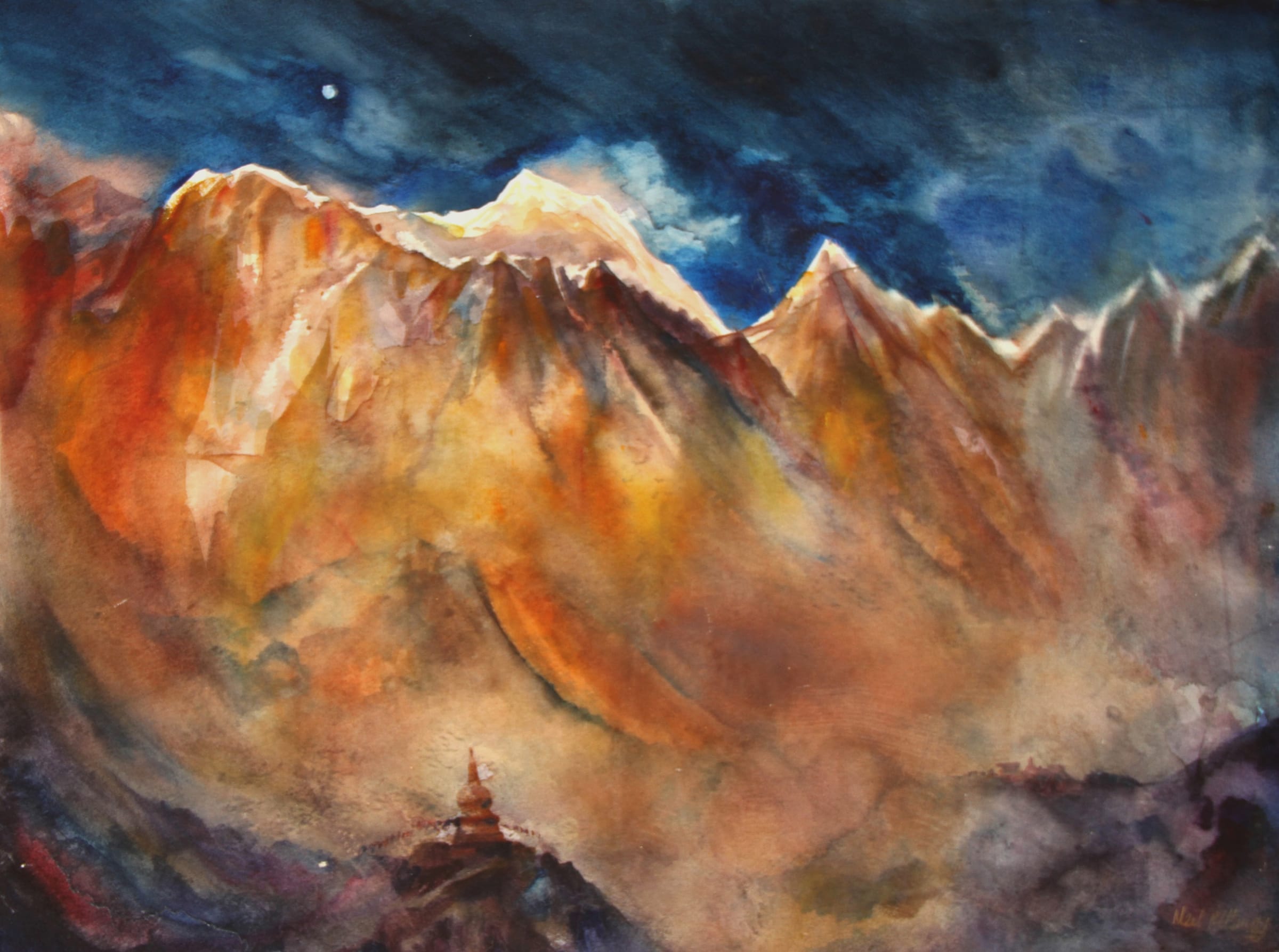 Neil Pittaway RWS RE, South View of Everest at Sundown near Tengboche ...