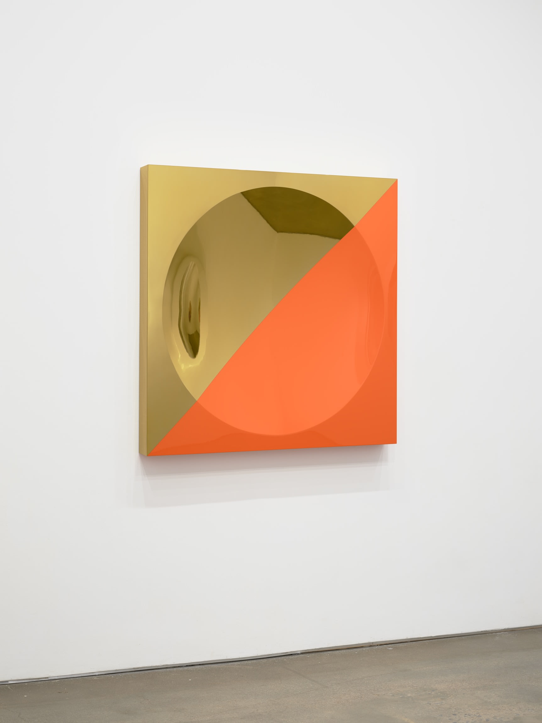 Mark Eisen, Gold square with concave circle and orange triangle, 2021
