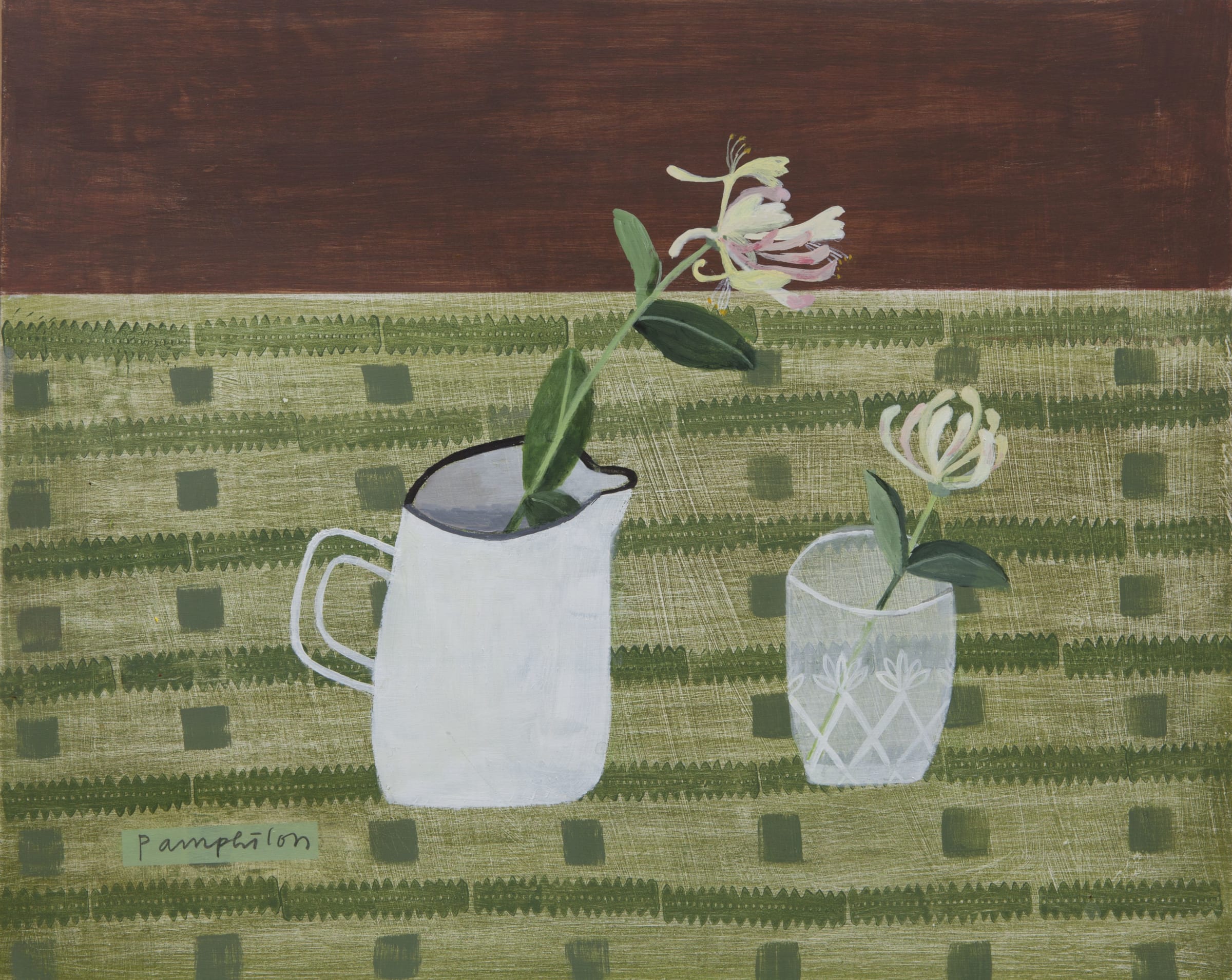 Elaine Pamphilon, White Enamel Jug and Honeysuckle on Green Cloth ...