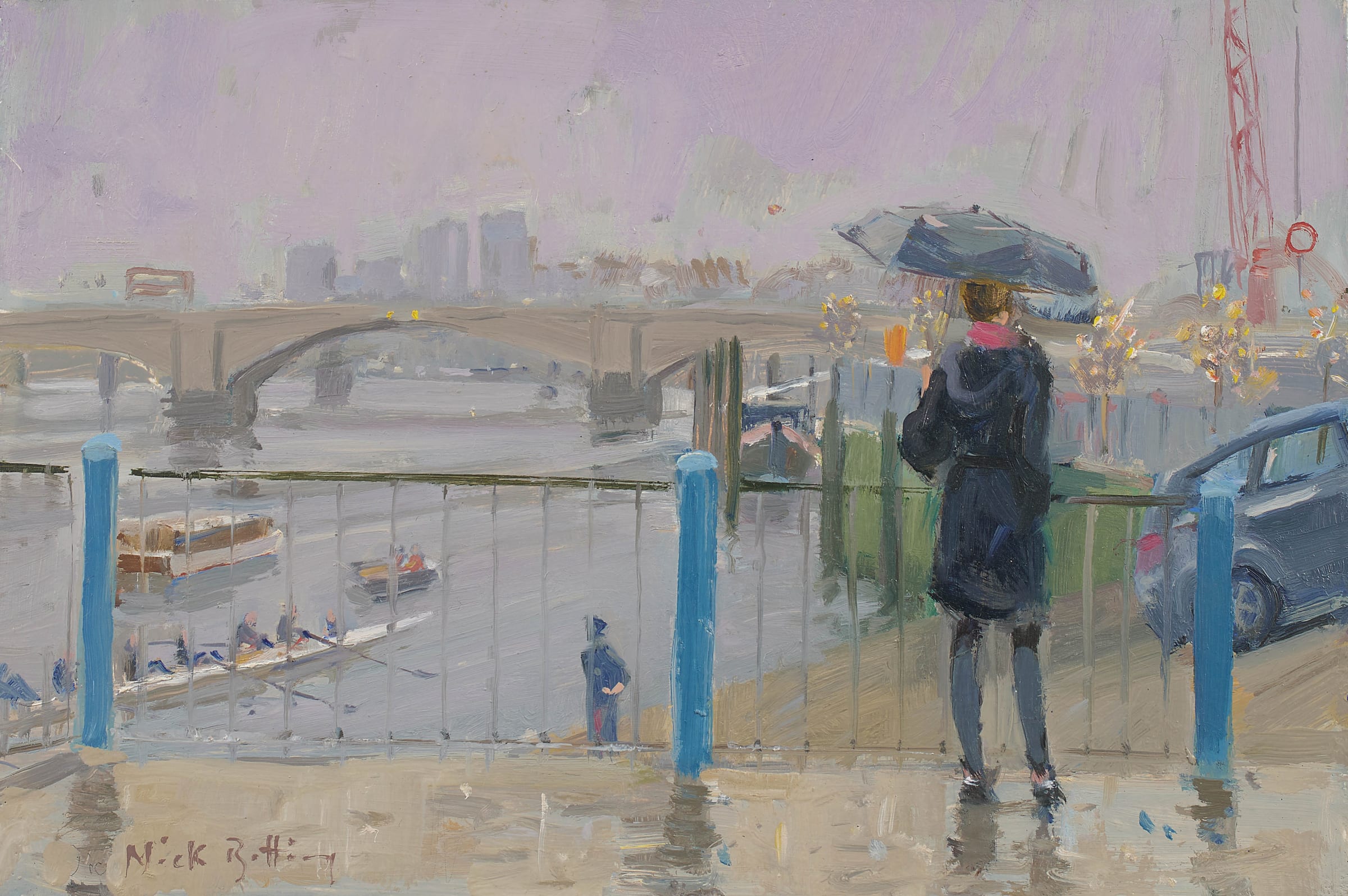 Nick Botting, Winter scene at Putney, rowers in the rain | Portland Gallery