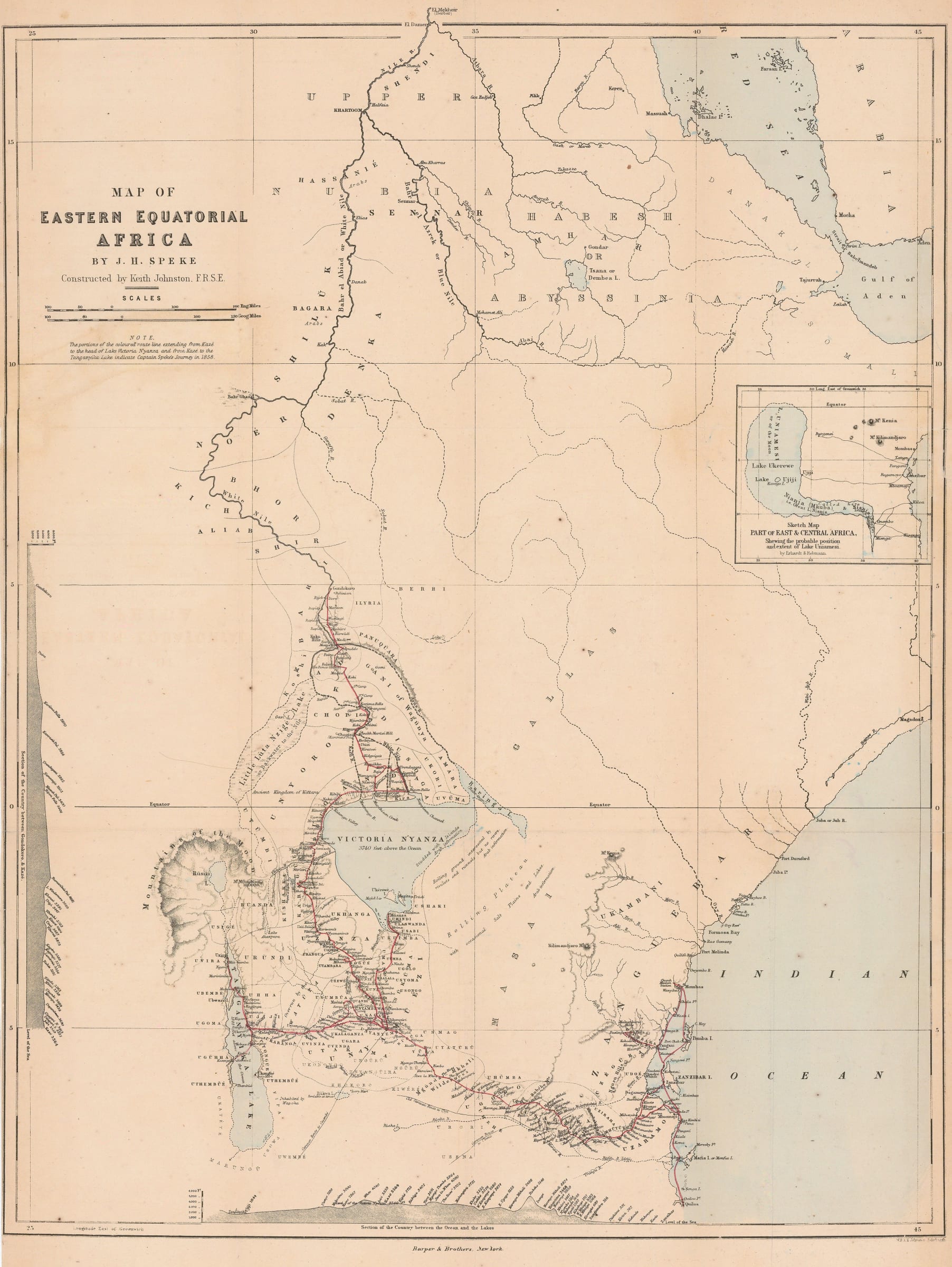 W. & A.K. Johnston, Map of Eastern Equatorial Africa, 1864 | The Map House