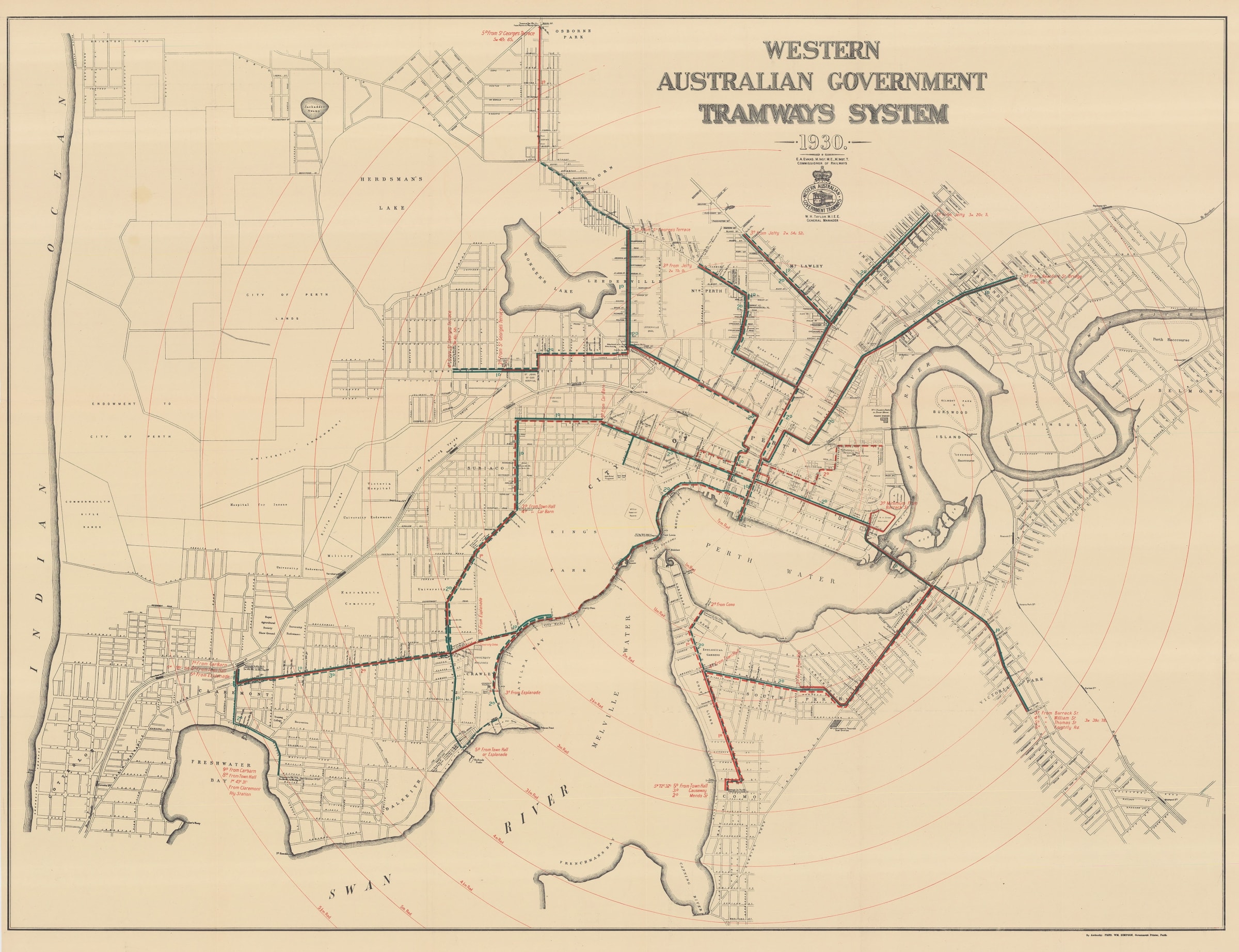 Frederick William Simpson, Electric Tramway map of Perth, 1930 | The ...