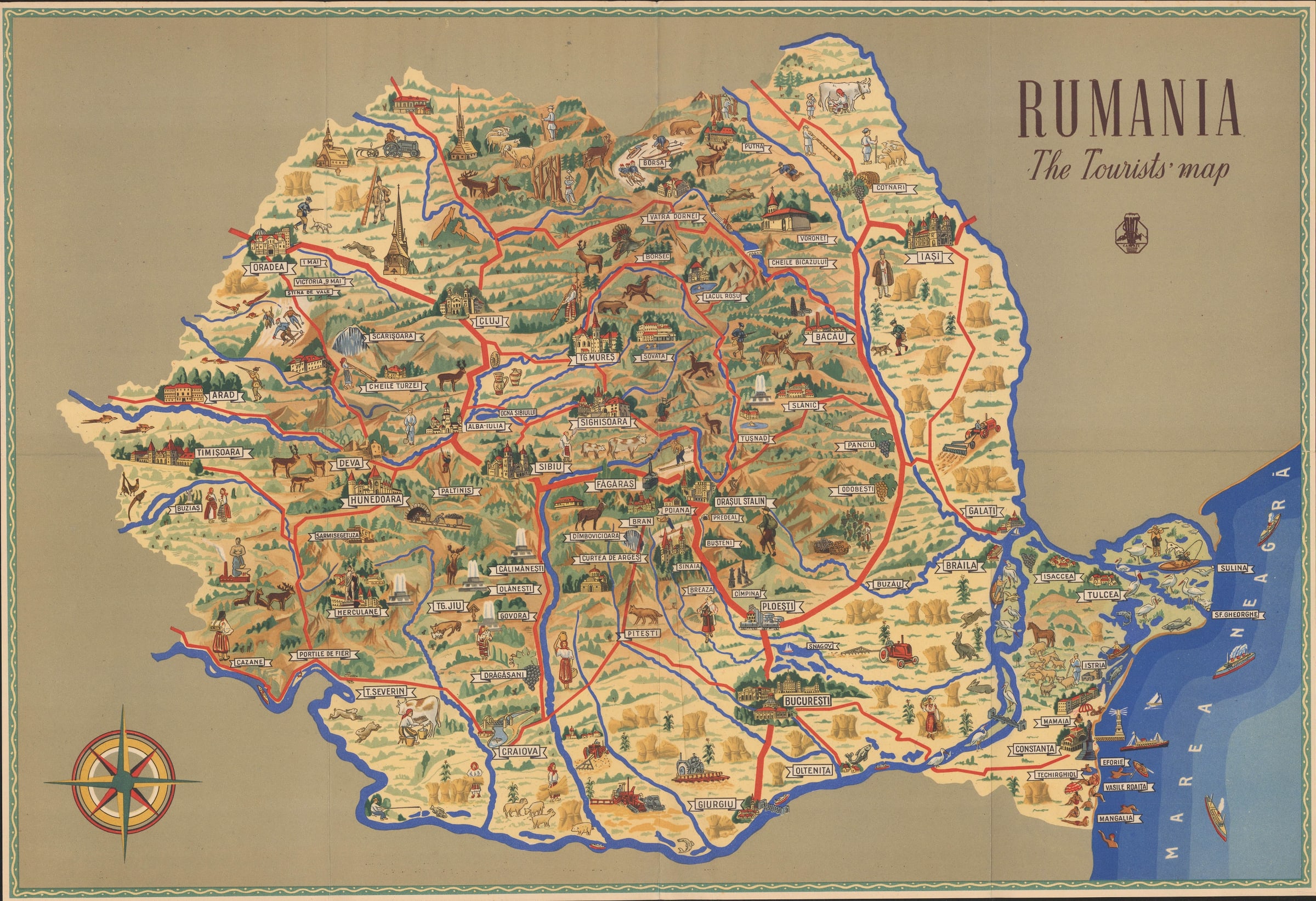 ONT Carpati, Vintage tourist map of Romania, 1950 c. | The Map House