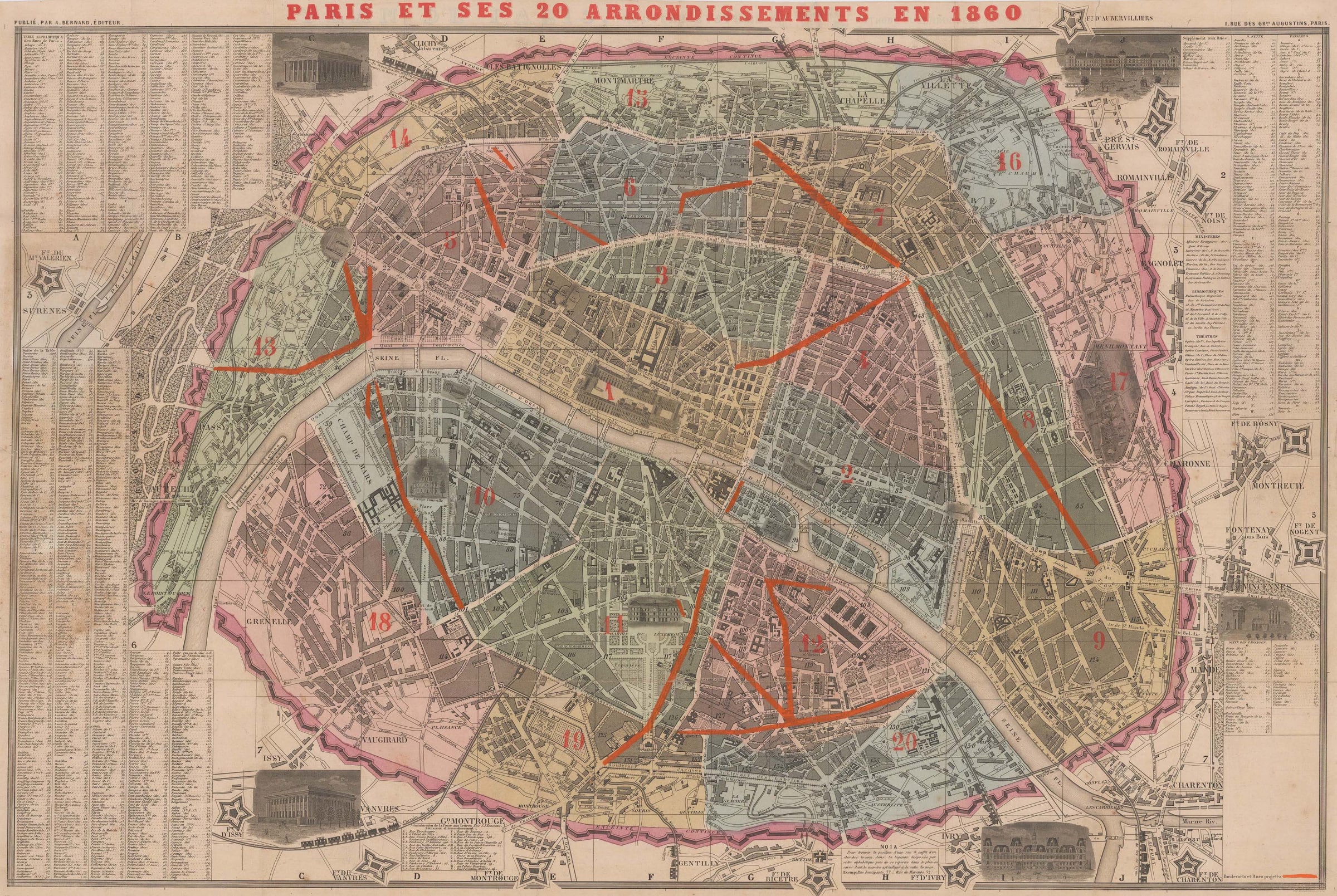 A. Bernard, Paris divided into 20 Arrondissements, 1860 | The Map House