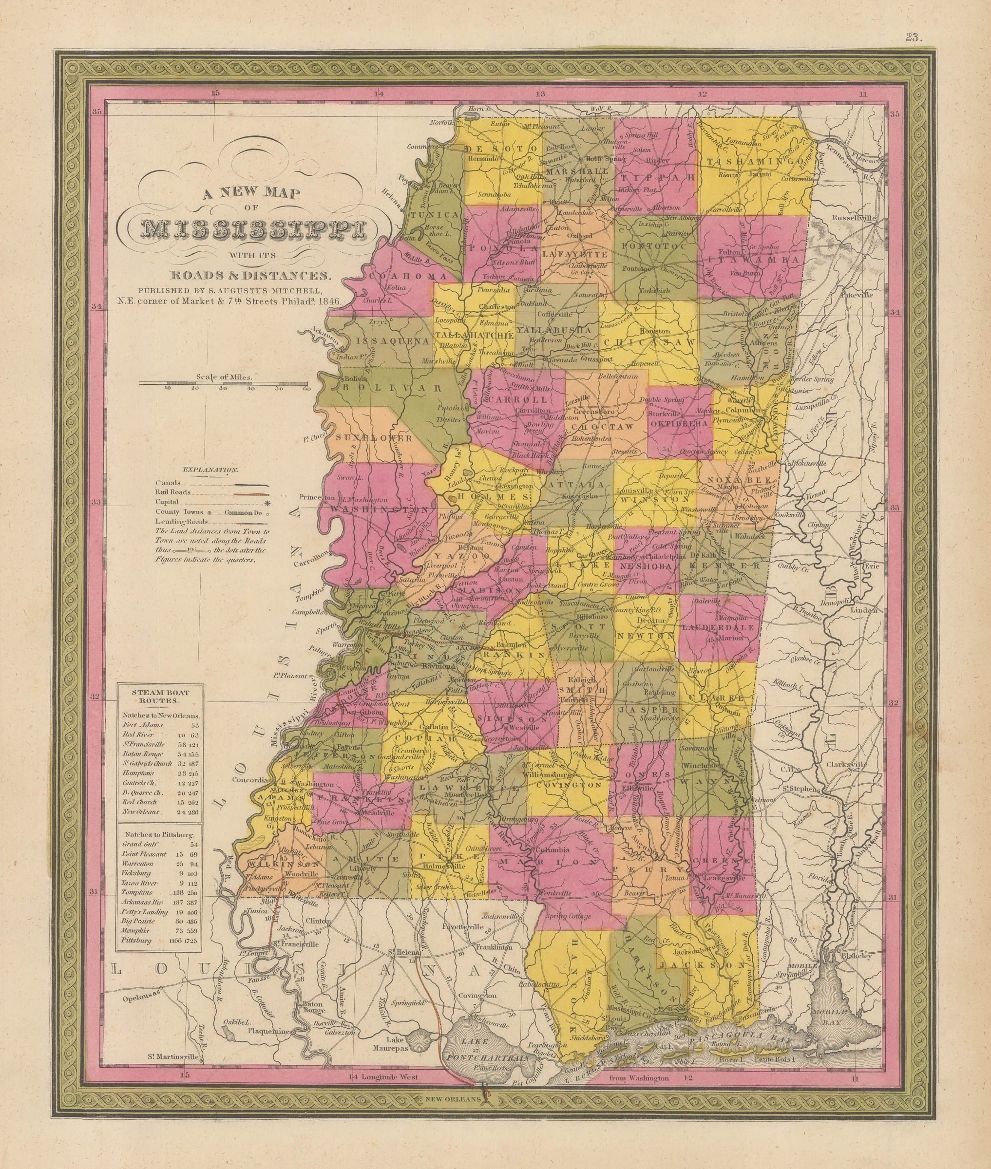 Samuel Augustus Mitchell, A New Map of Mississippi, 1846 | The Map House