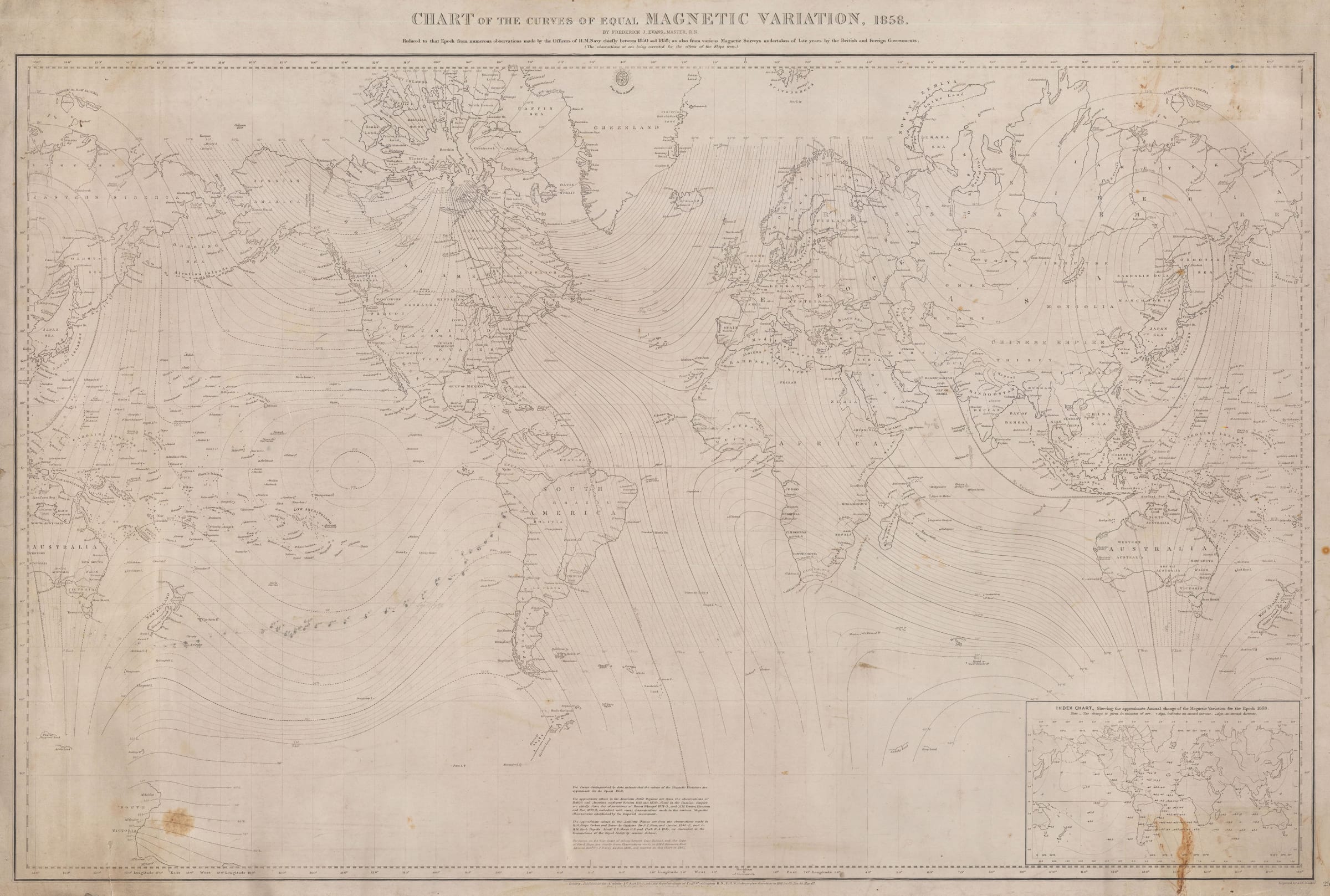 British Admiralty, Chart of the Curves of Equal Magnetic Variation 1858 ...