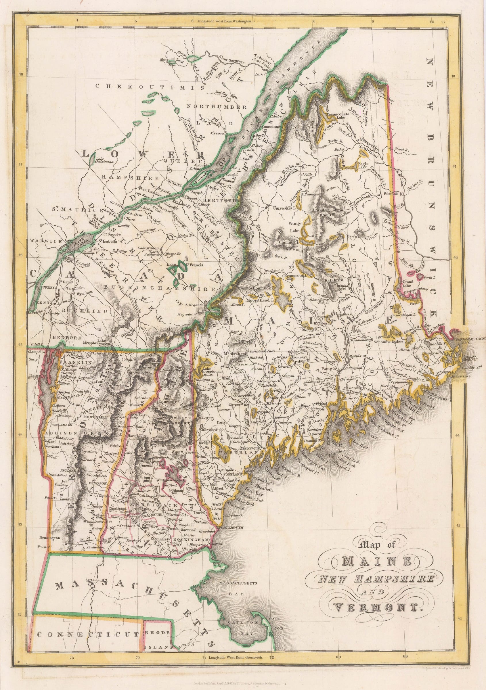 I.T. Hinton, Map of Maine, New Hampshire and Vermont, 1832 | The Map House