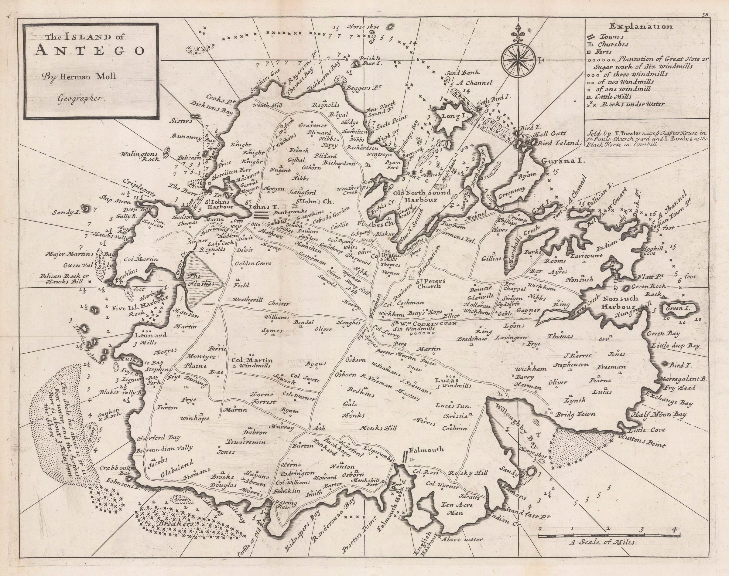 Herman Moll, Early English map of Antigua, 1732 | The Map House