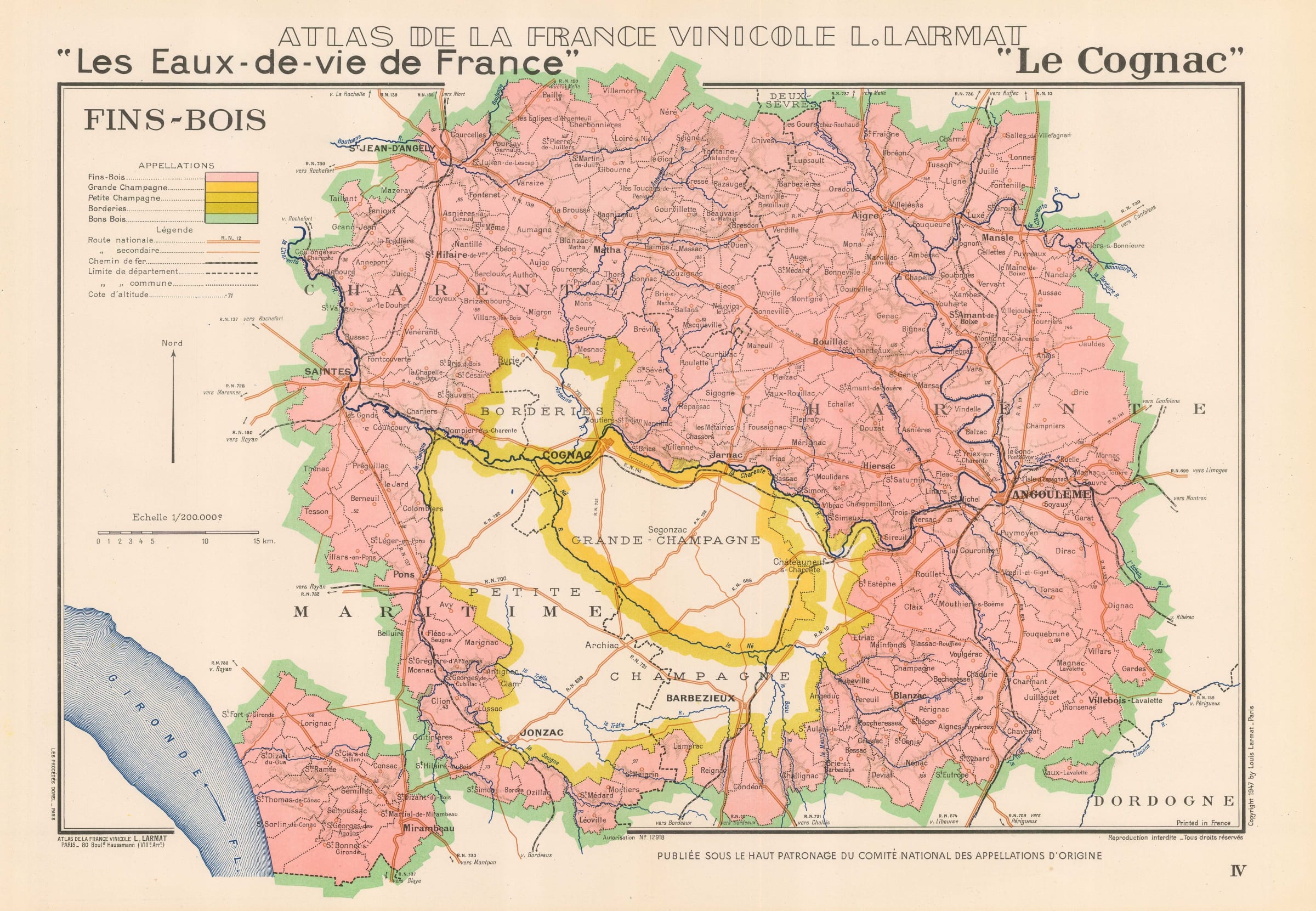 Louis Larmat, Cognac producing regions of France, 1947 | The Map House