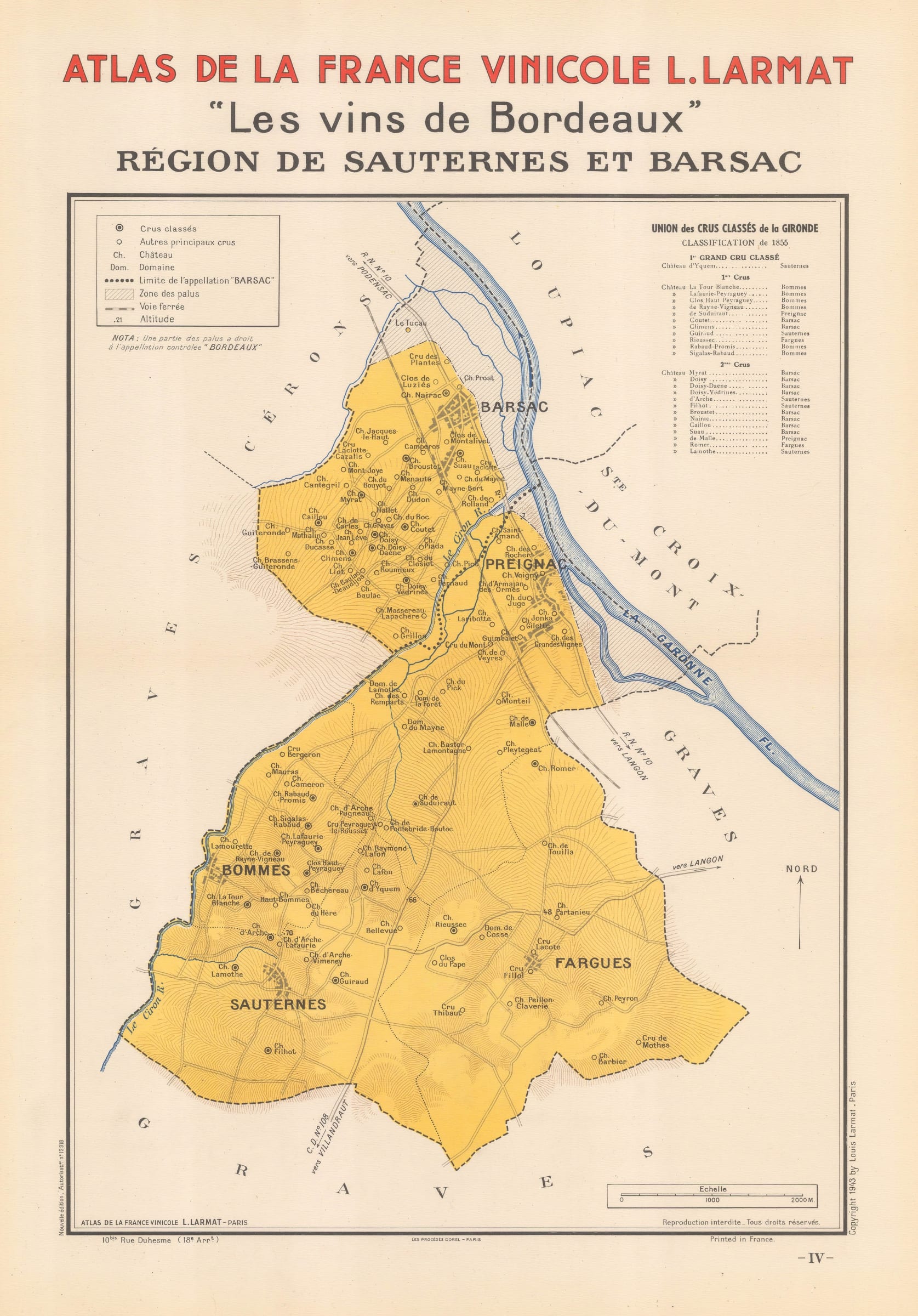 Louis Larmat, Wine map of Sauternes, Barsac, Preignac, and Bommes ...