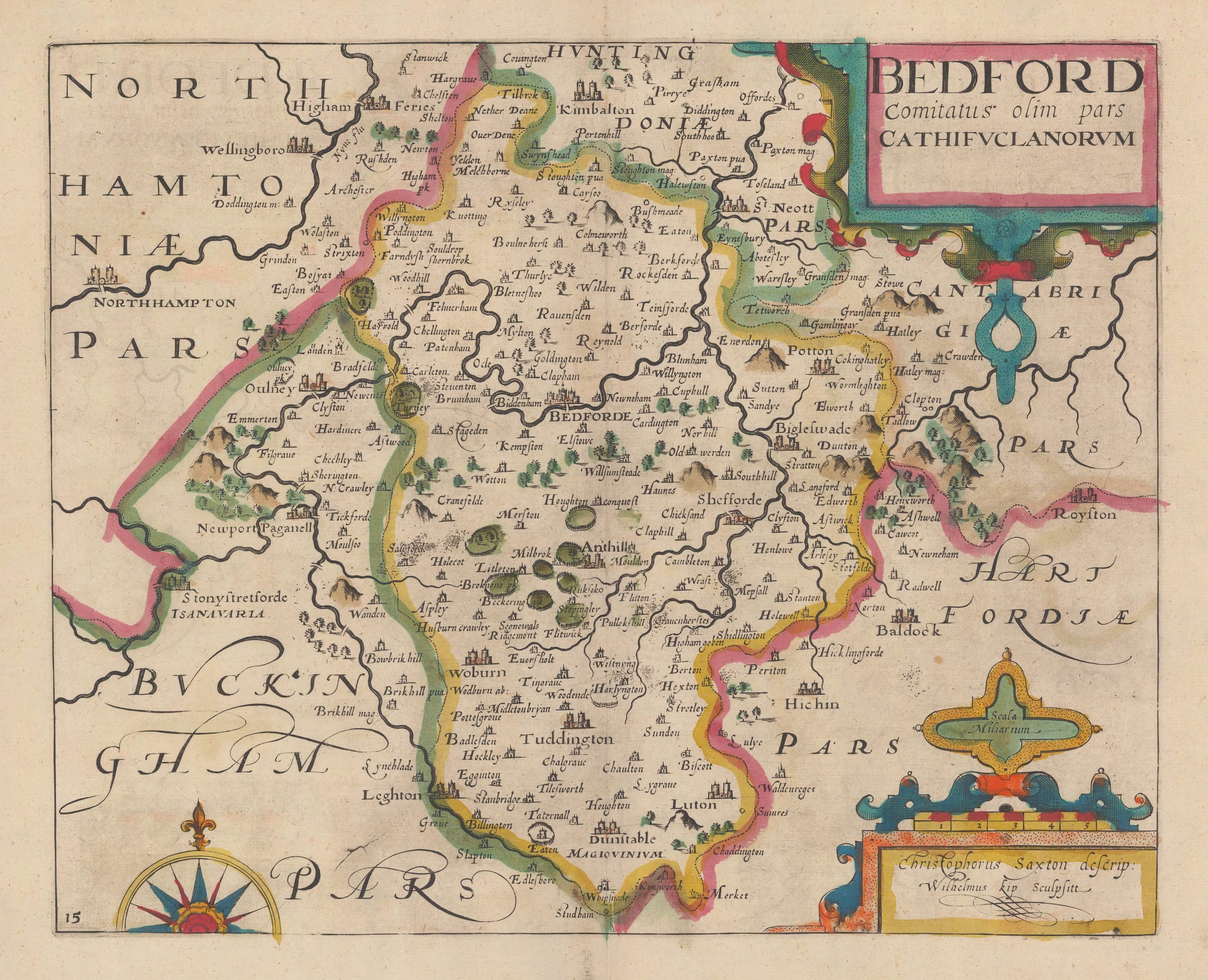 Christopher Saxton & William Kip, Bedford, 1637 | The Map House