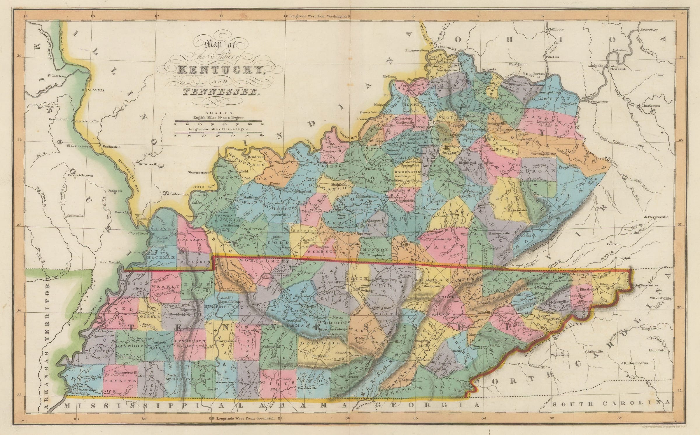 I.T. Hinton, Map of the States of Kentucky and Tennessee, 1831 | The ...