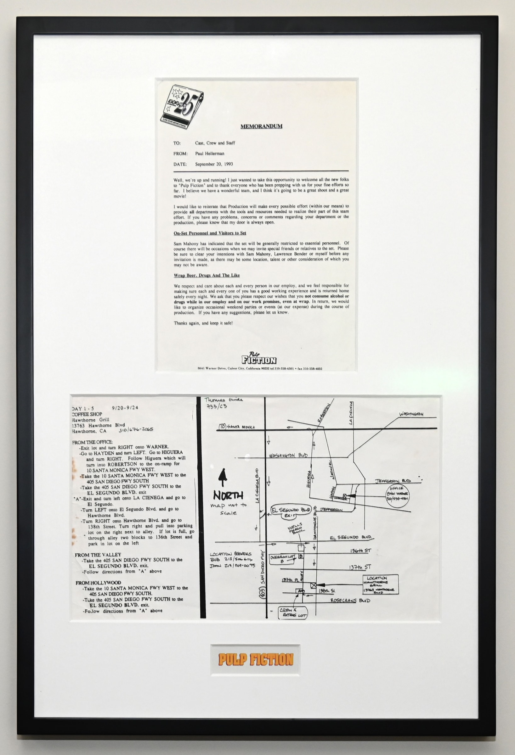 Brown Productions, Pulp Fiction Map and Call Sheet, 1993 | The Map House