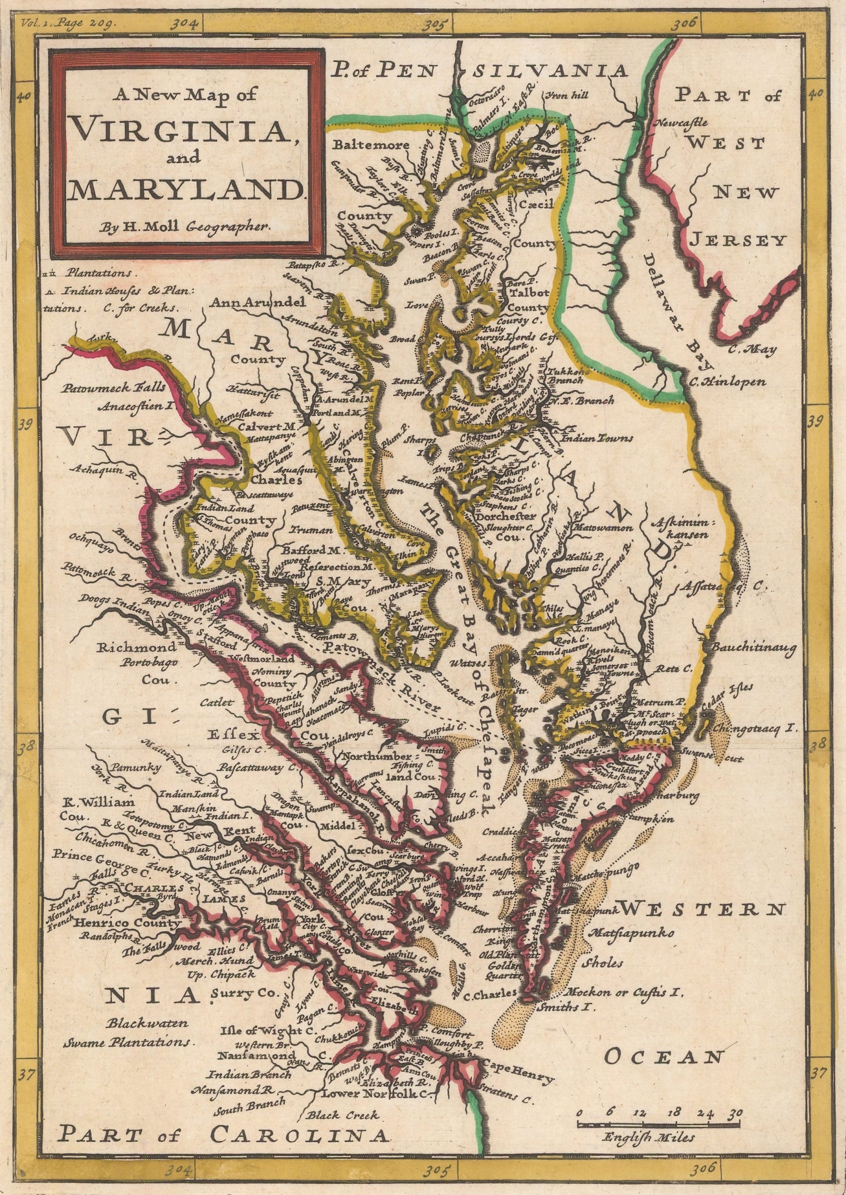 Herman Moll, Chesapeake Bay, Virginia and Maryland, 1739 | The Map House