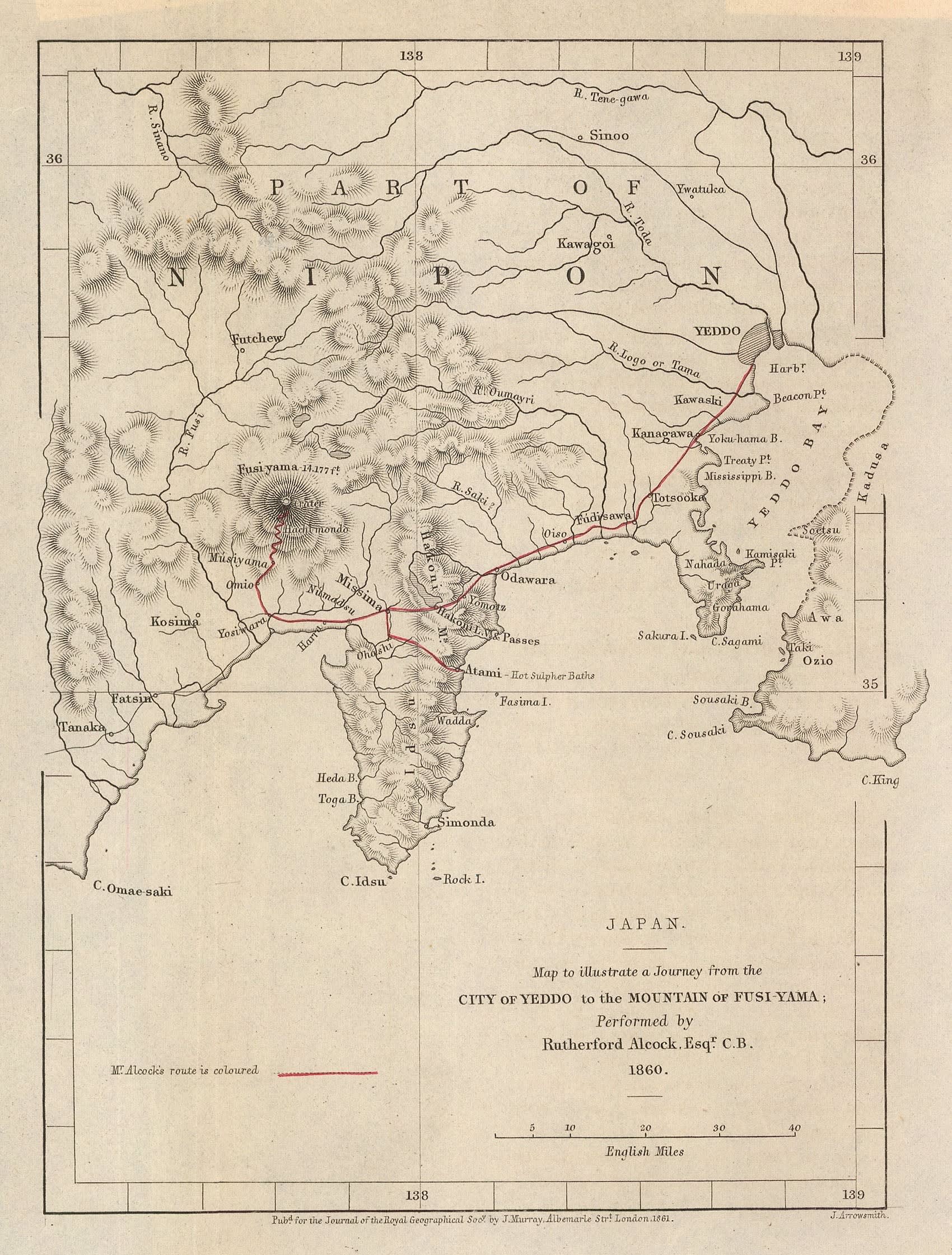 Royal Geographical Society (RGS), Tokyo to Mount Fuji route map, 1861 ...