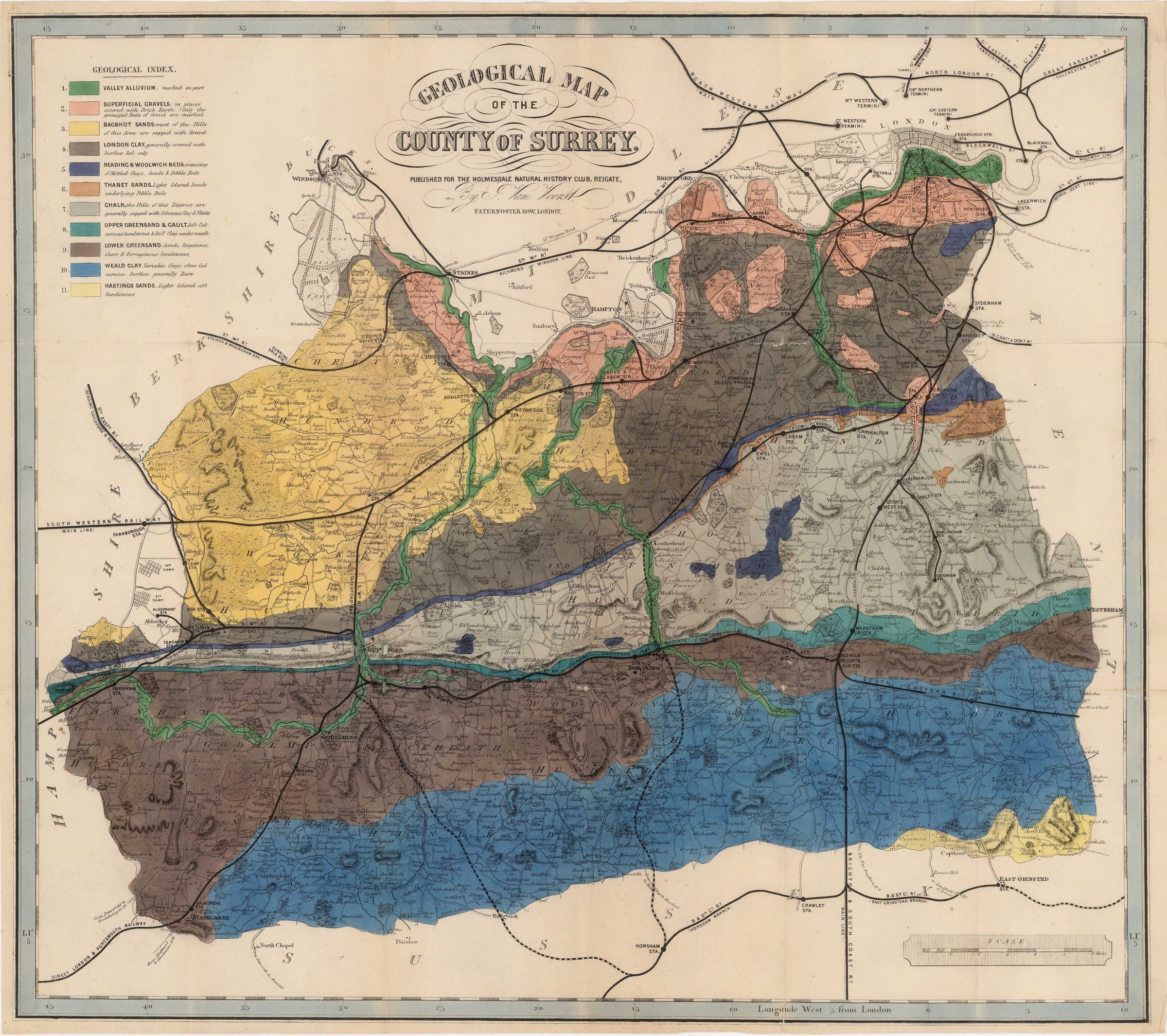 J. van Voorst, Geological Map of Surrey, 1880 c. | The Map House