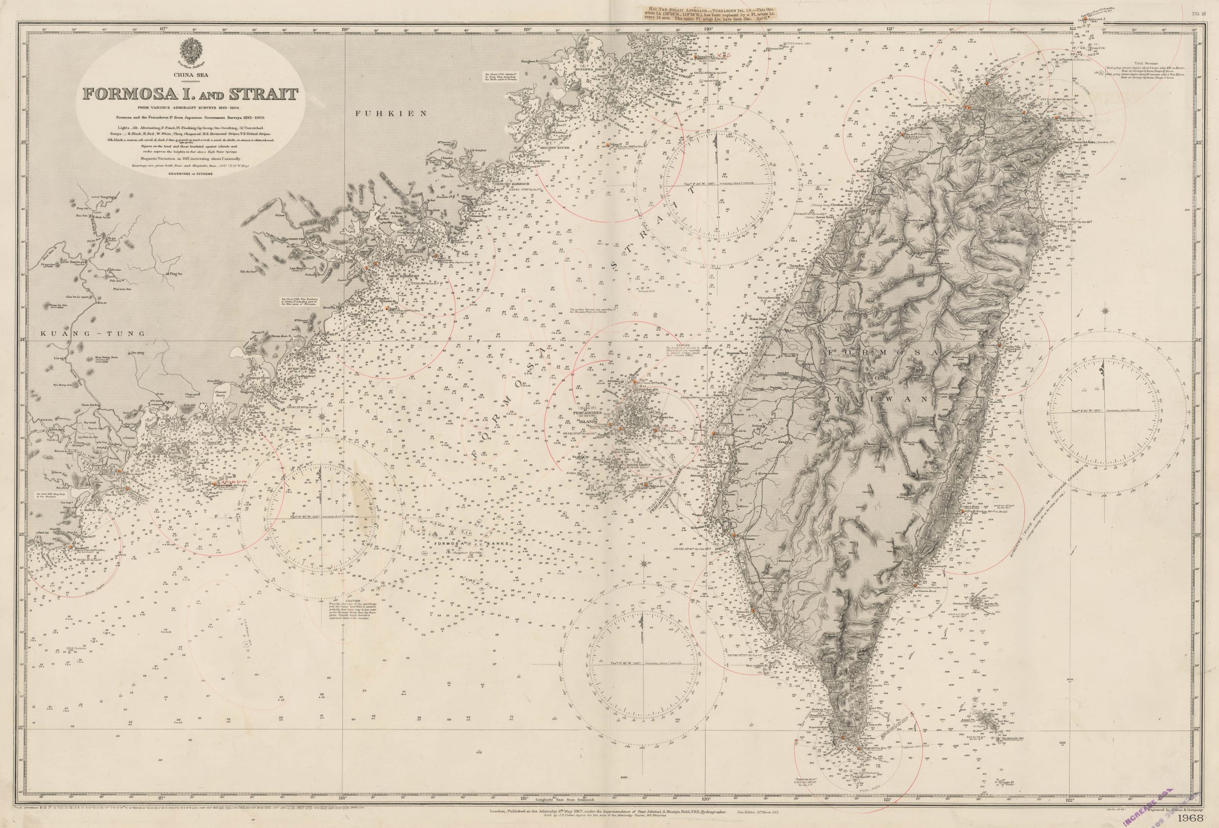 British Admiralty, Rare chart of Taiwan (Formosa) and the Taiwan Strait ...