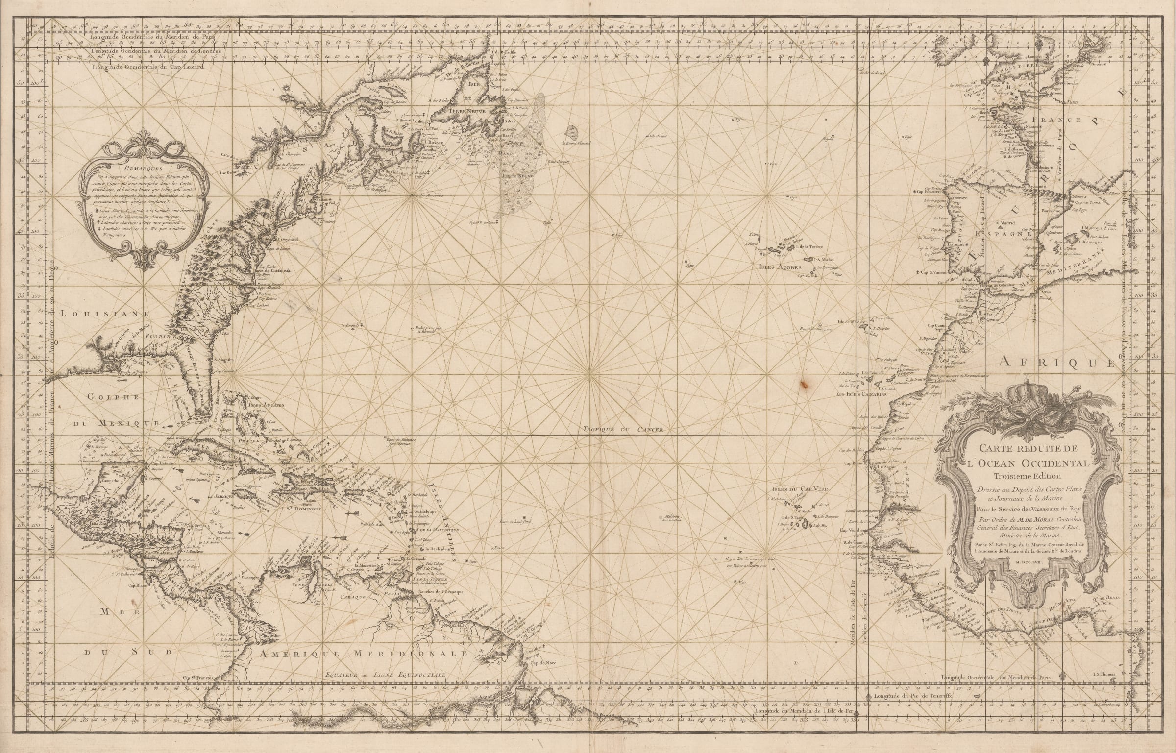 Jacques-Nicolas Bellin, French sea chart of the Atlantic Ocean, 1757 ...