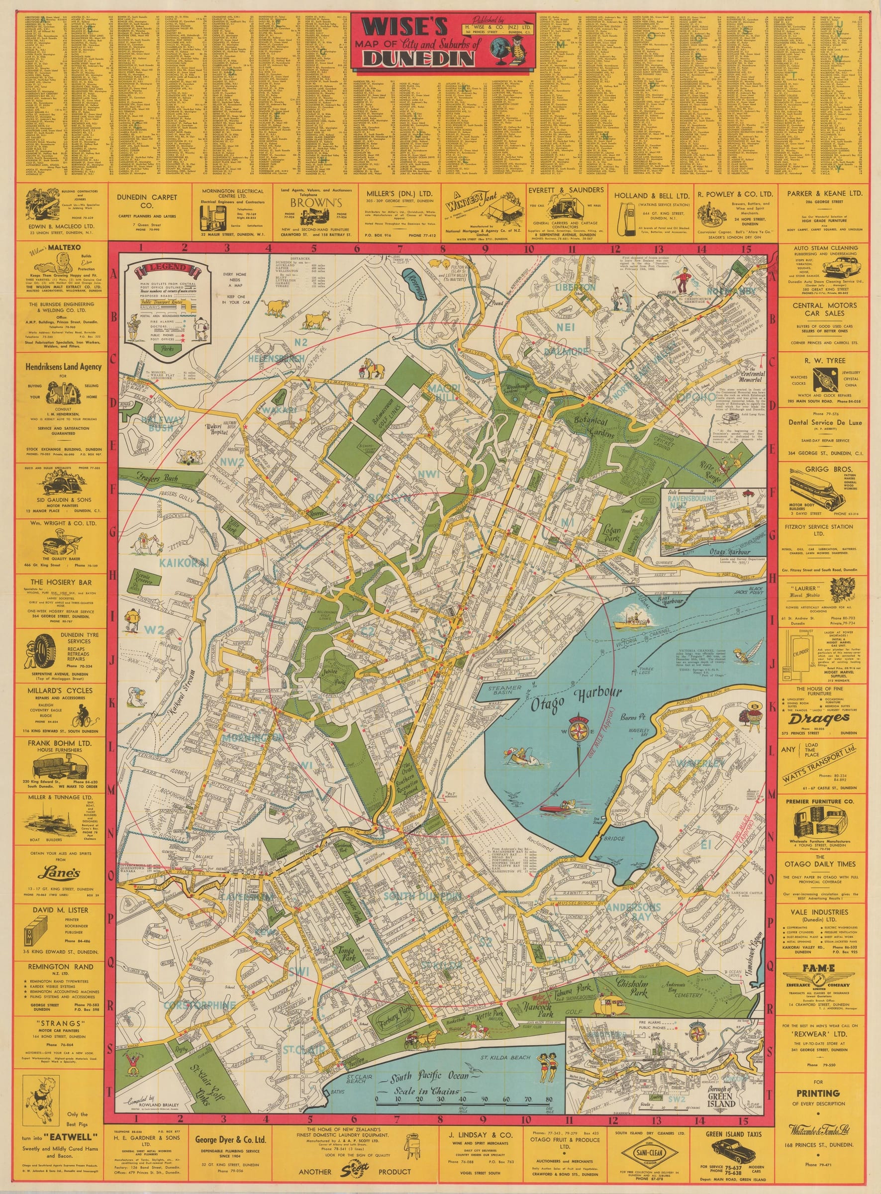 H. Wise & Co., Map of City and Suburbs of Dunedin, 1930 c. | The Map House