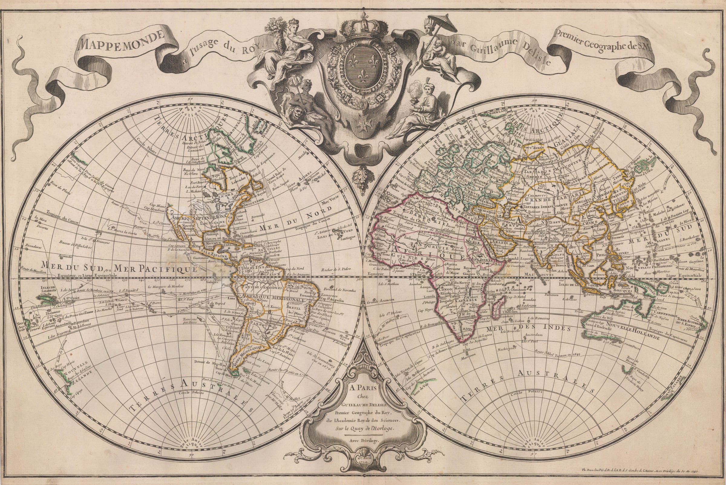 Philippe Buache, Double Hemisphere World Map, 1745 | The Map House