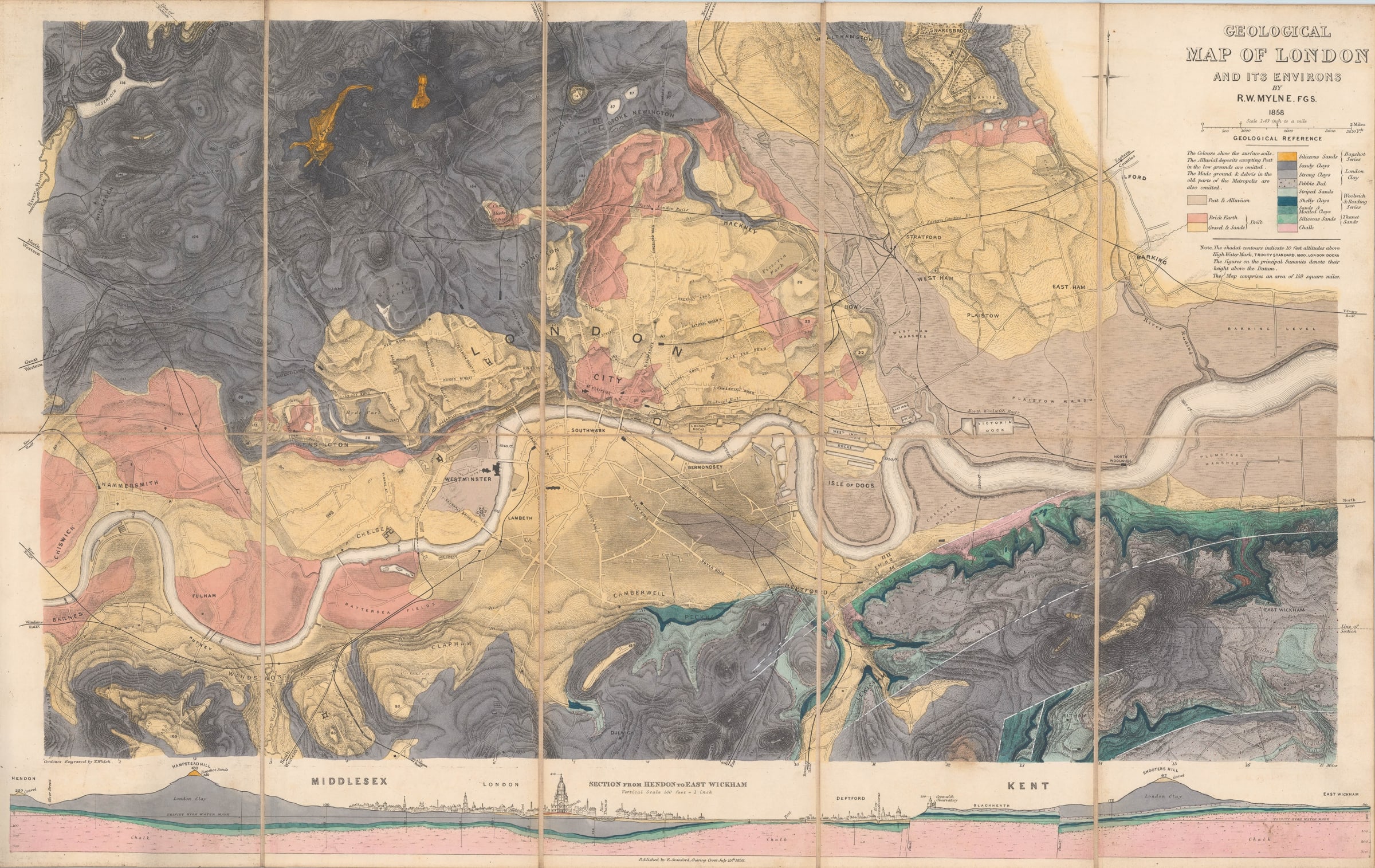 Robert William Mylne, Geological and Topographical Map of London & its ...
