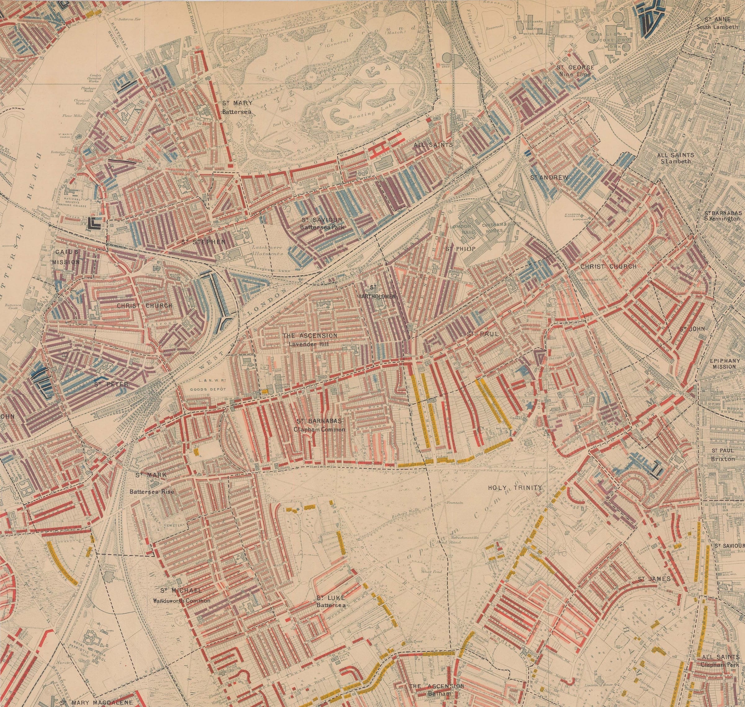Charles Booth, Battersea & Clapham Poverty Map, 1900 | The Map House