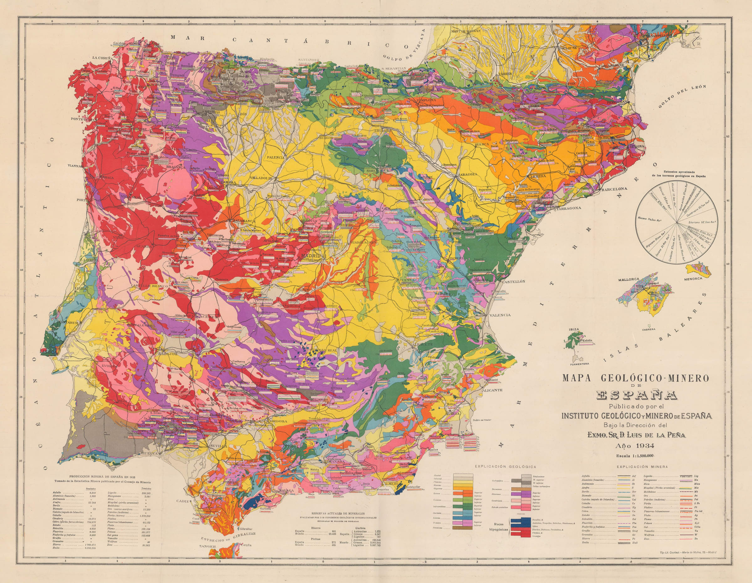 Luis de la Pena, Geological map of Spain and Portugal, 1934 | The Map House
