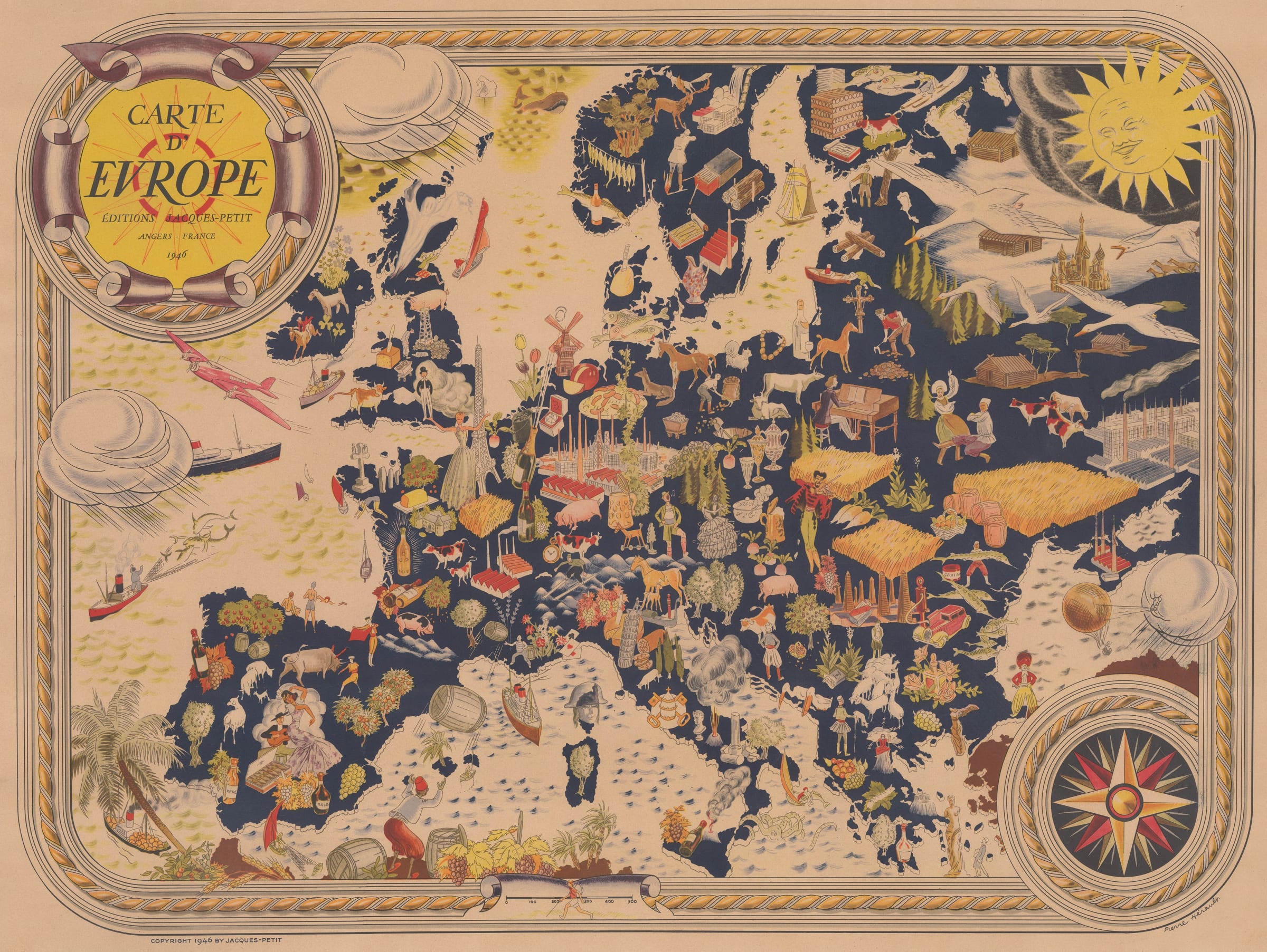 Pierre Herault, Post WWII pictorial map of Europe, 1955 | The Map House
