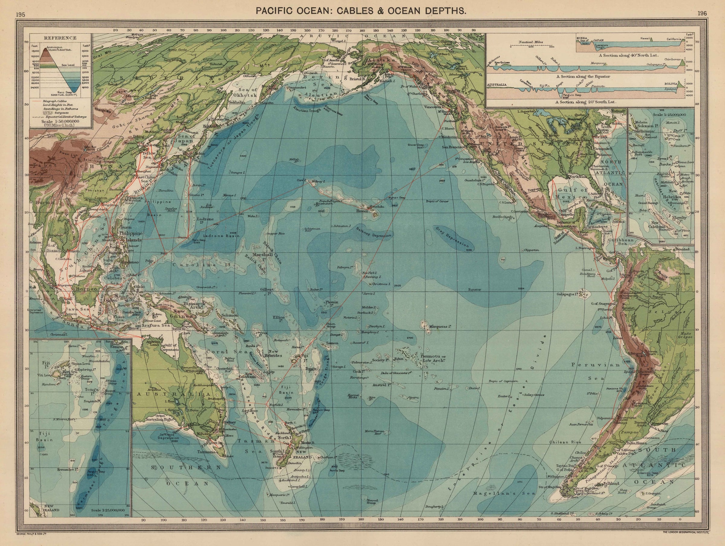 George Philip & Son Ltd., Pacific Ocean: Cables & Ocean Depths, 1910 c ...