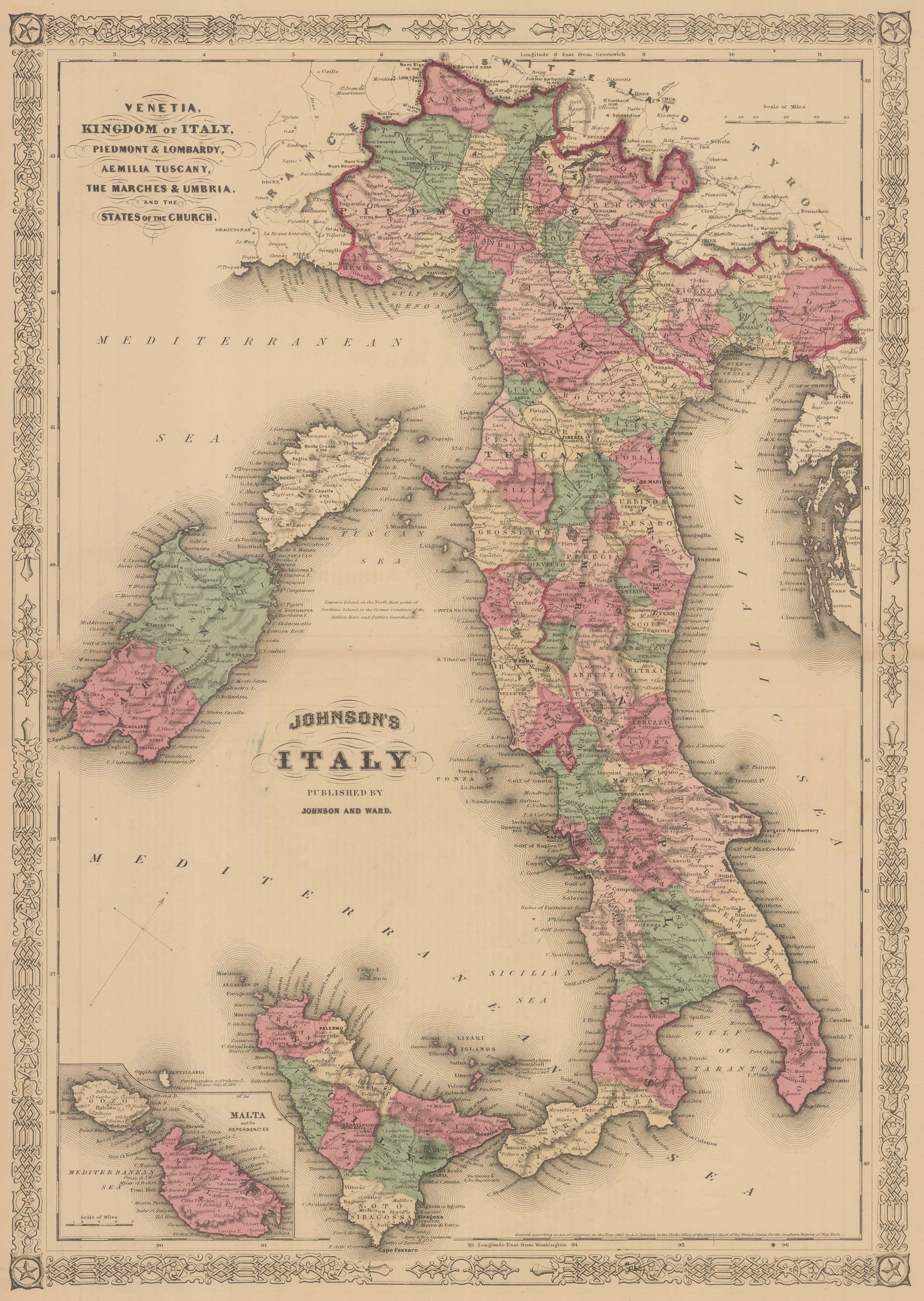 Johnson & Ward, Italy during the Italian Unification, 1863 | The Map House